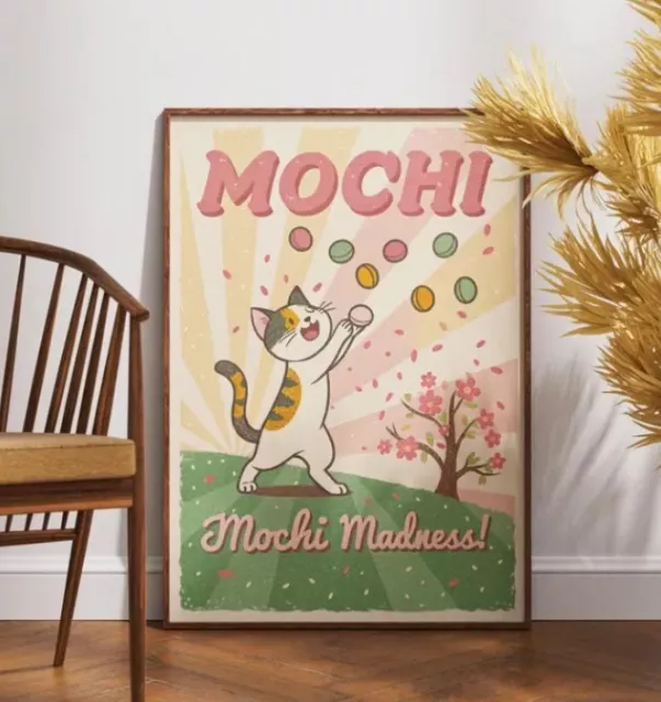 Mochi Madness Cat Poster, Retro Japanese Art, Kawaii Food Print NO ...