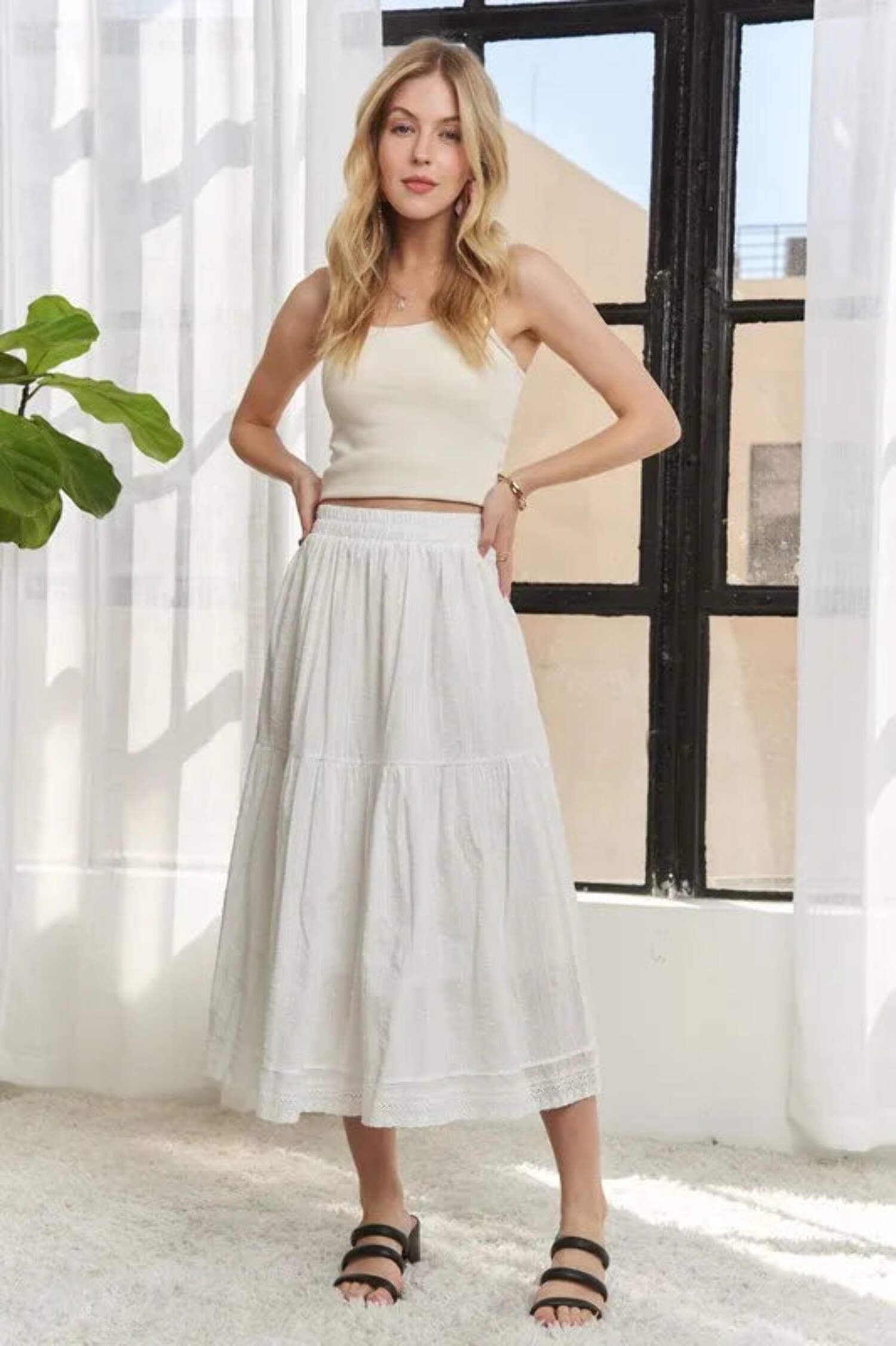 ADORA Elastic Waistband Tiered Midi Skirt - Walmart.com