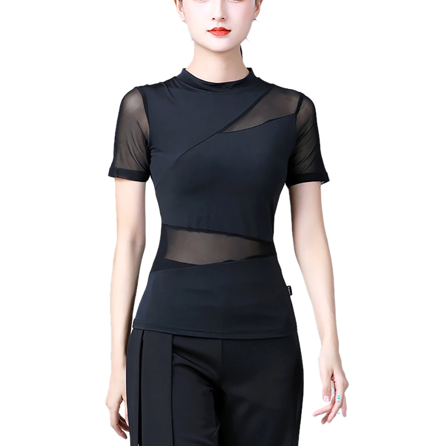 Mock Neck Sheer Sleeve Mesh Panel Salsa Tango Rumba Cha Cha Cha ...