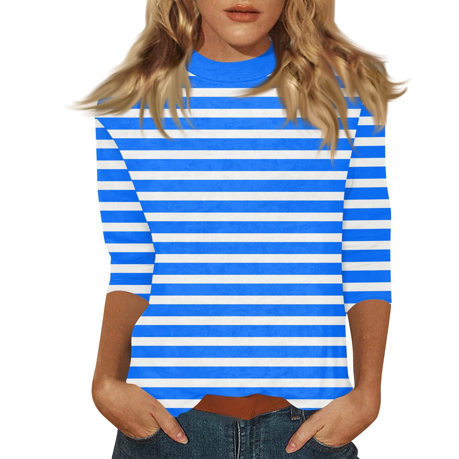 Mock Neck Tops for Women 3/4 Sleeve Striped Basic Cute Fall Shirts ...