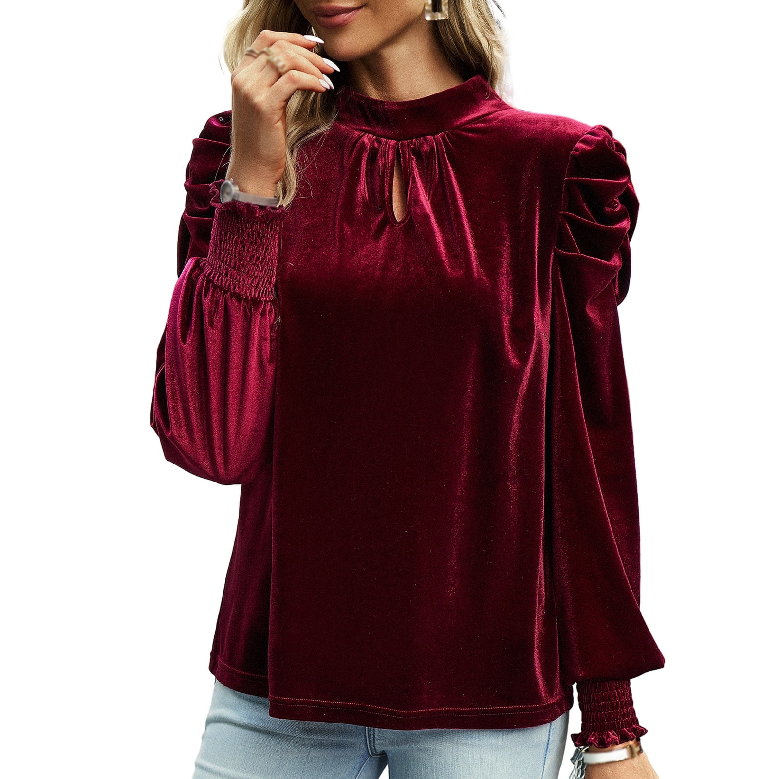 Mock Neck Velvet Tops Long Sleeve For Women Bow Tie Back Ruched Cuff Loose Fitted Dressy Vintage ...