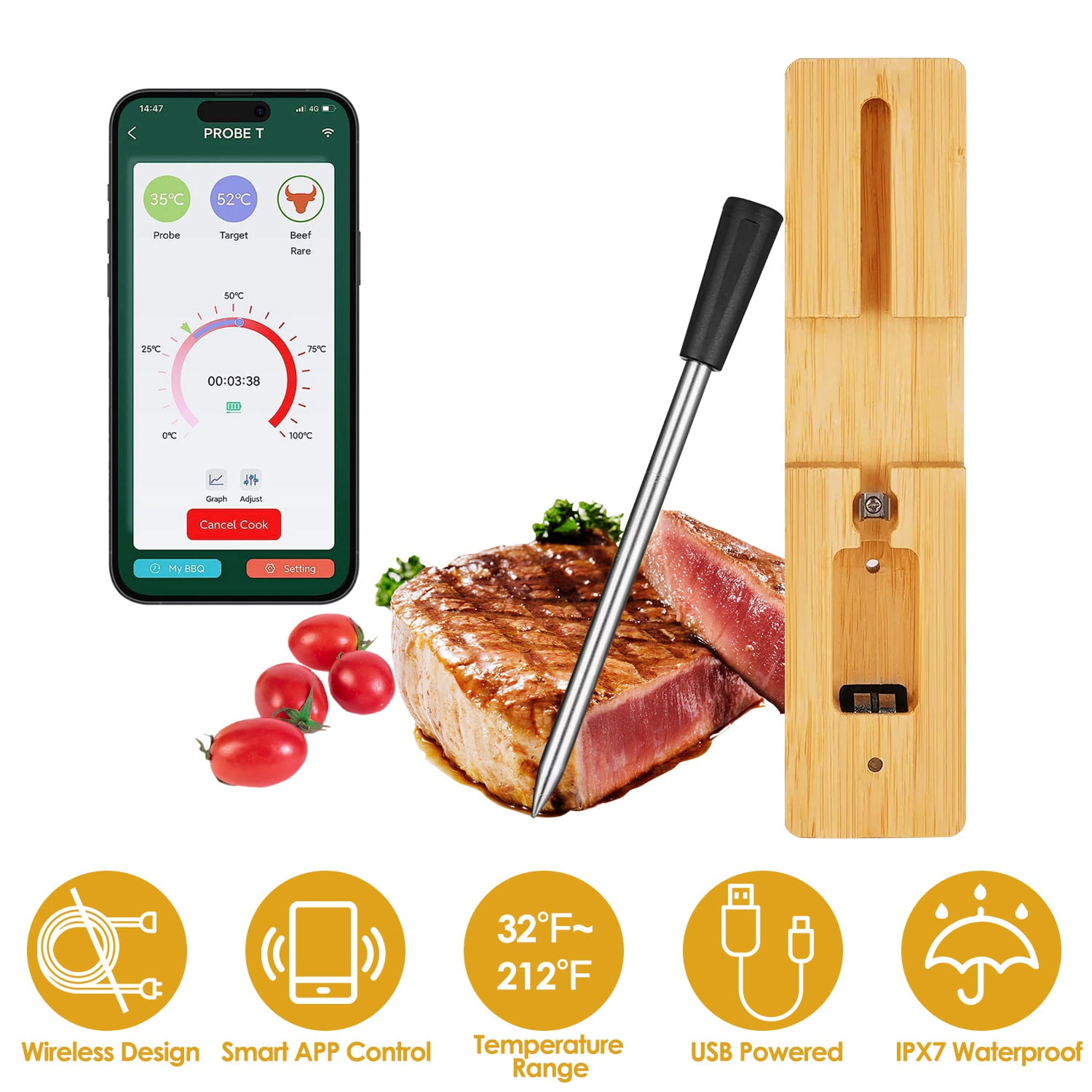 Moclever 100ft Wireless Meat Thermometer Digital Thermospike Meat Probe ...