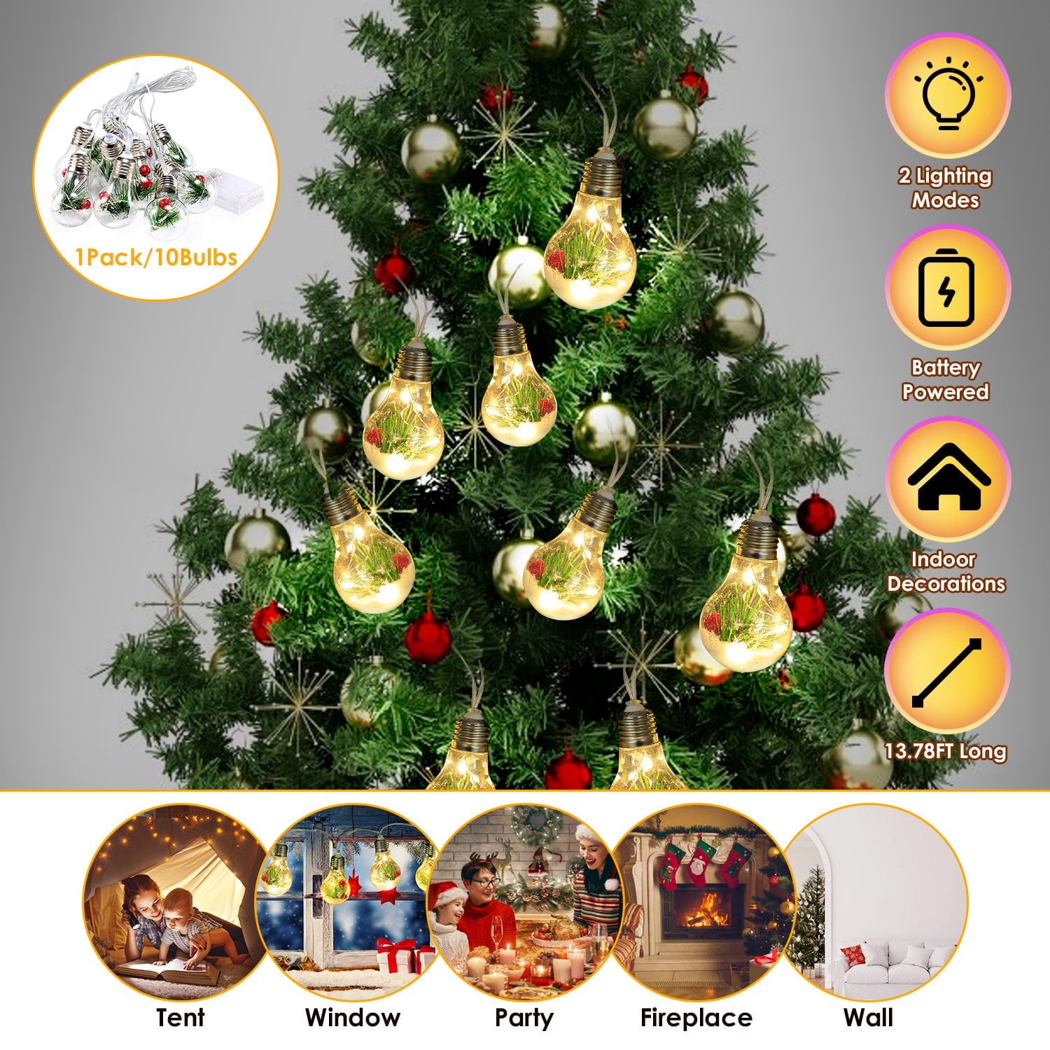 Moclever 1Pack 13.78ft Christmas Snow Globe String Light, Pine Needles ...