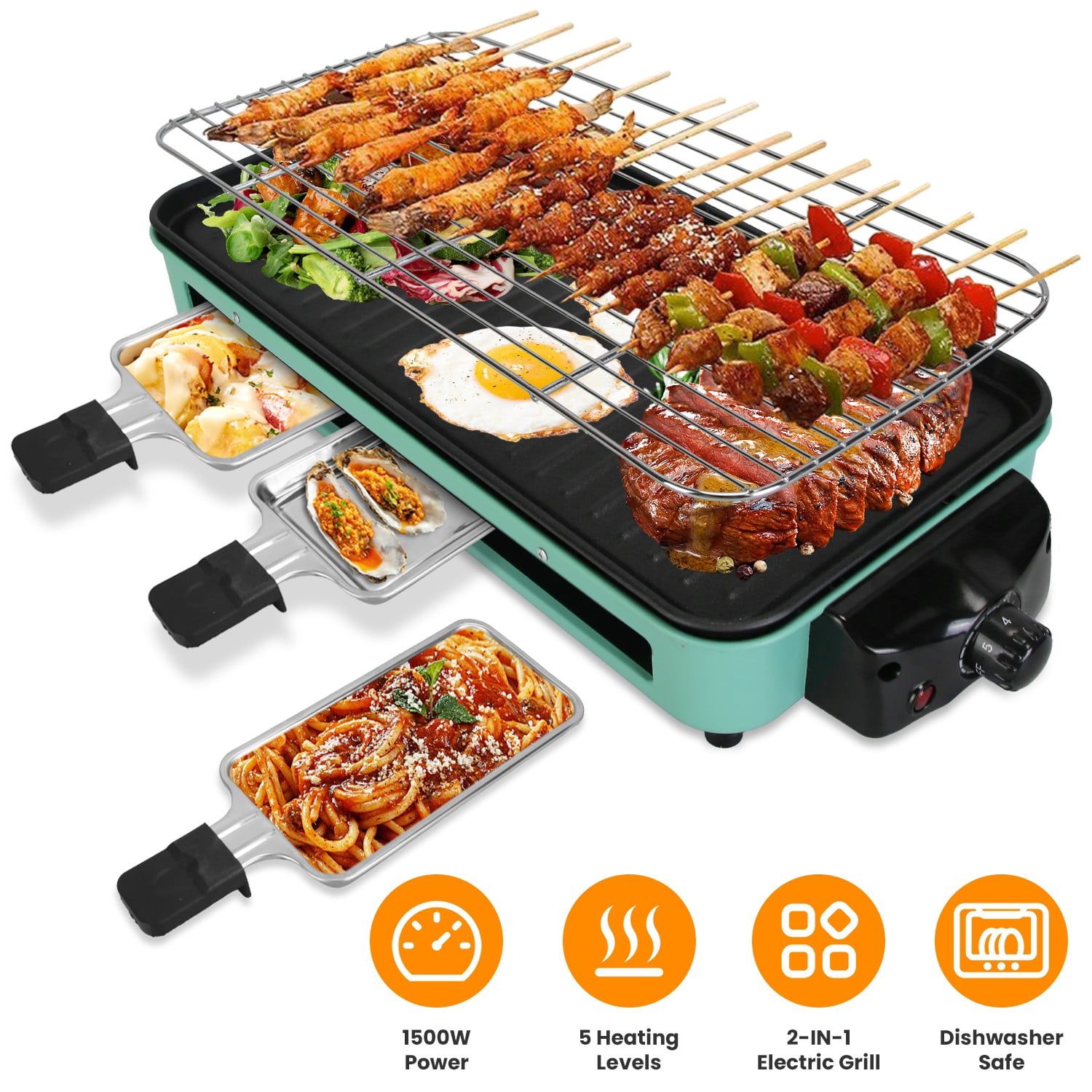 Moclever 1500W Indoor Grill, 2 in 1 Electric BBQ Gill with Grill Net ...