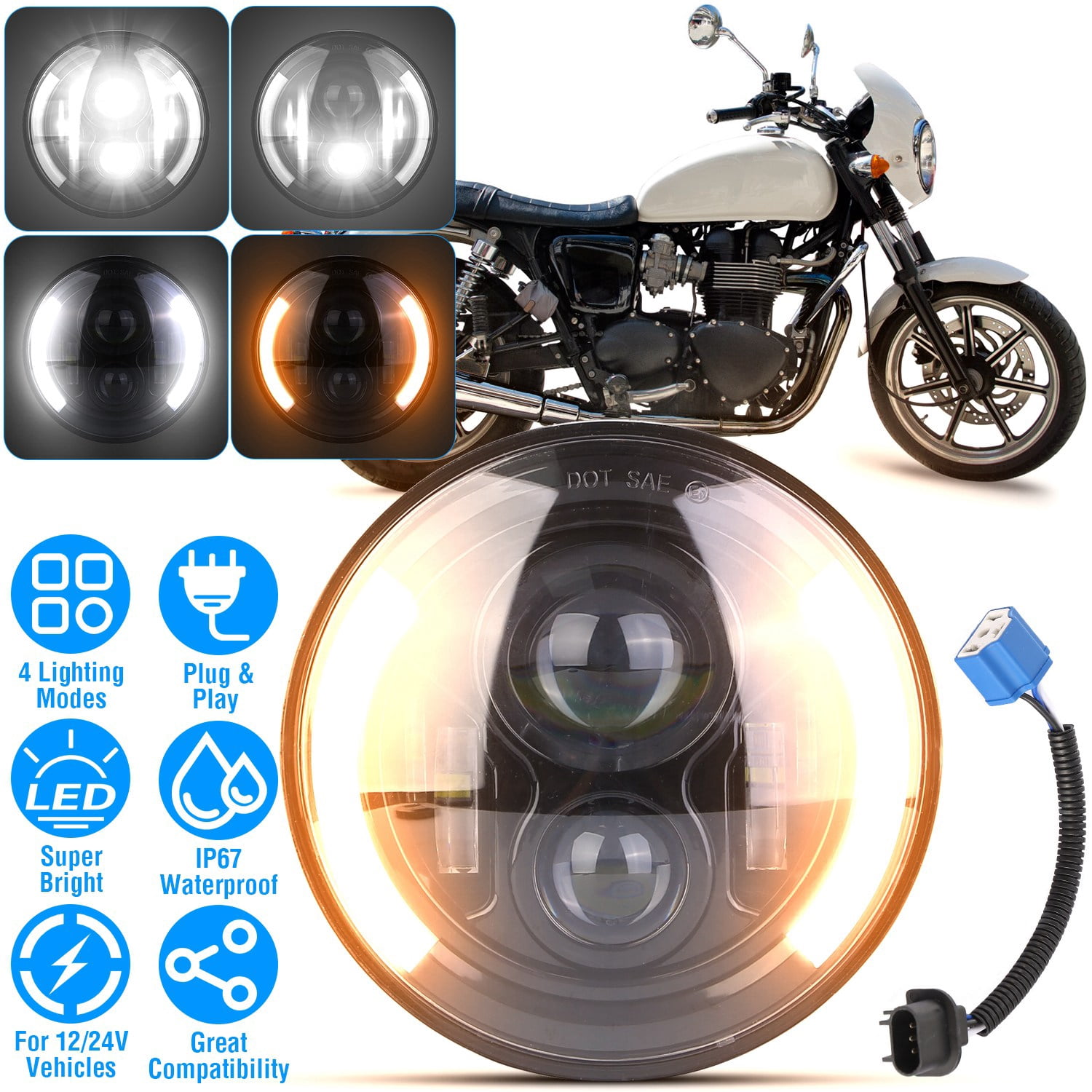 Moclever 1Pcs 40W Motorcycle Headlight, 7in Round LED Headlight 3800LM ...