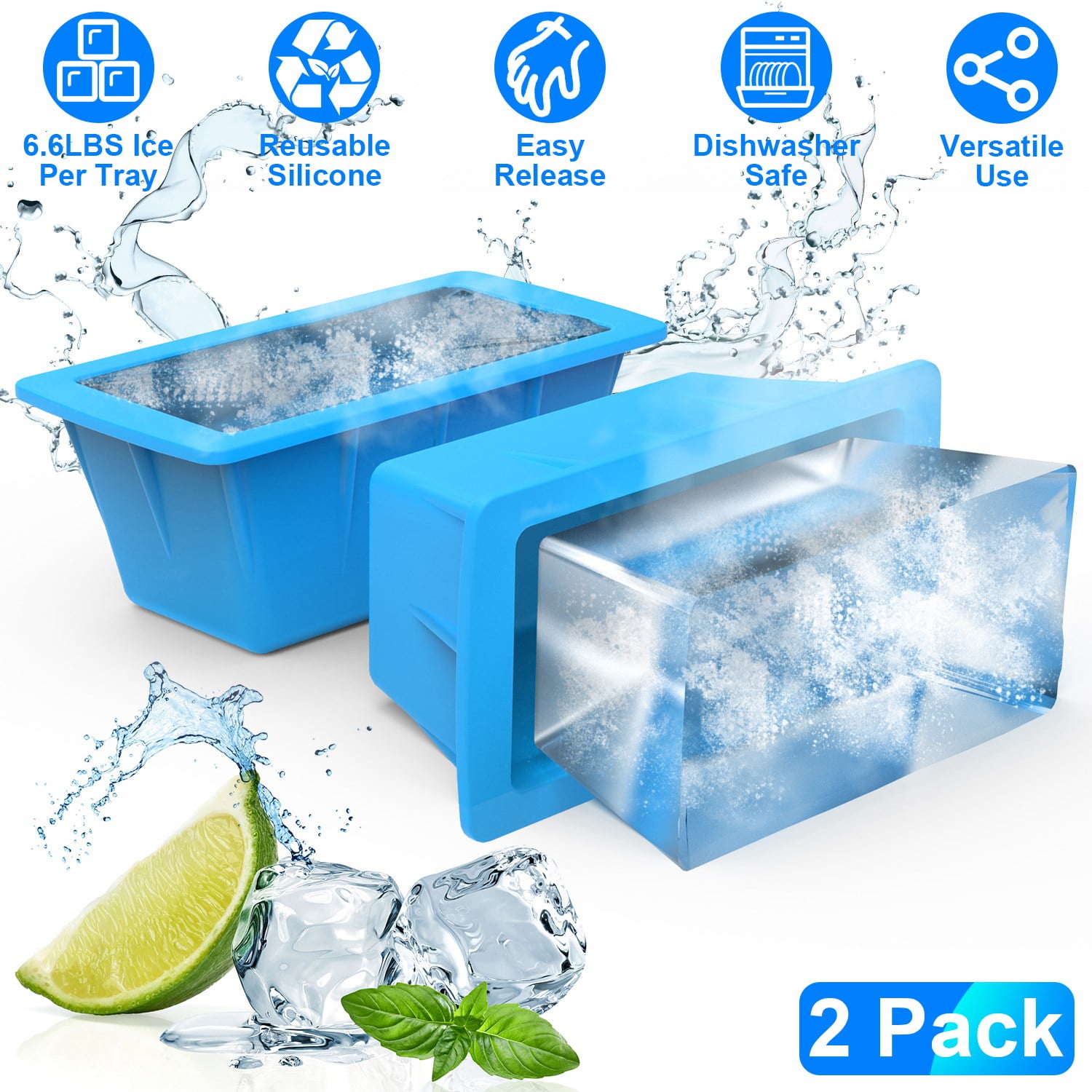 Moclever 2Pack Ice Block Mold, 11.42x6.5x4.72in Silicone Freezer Molds ...