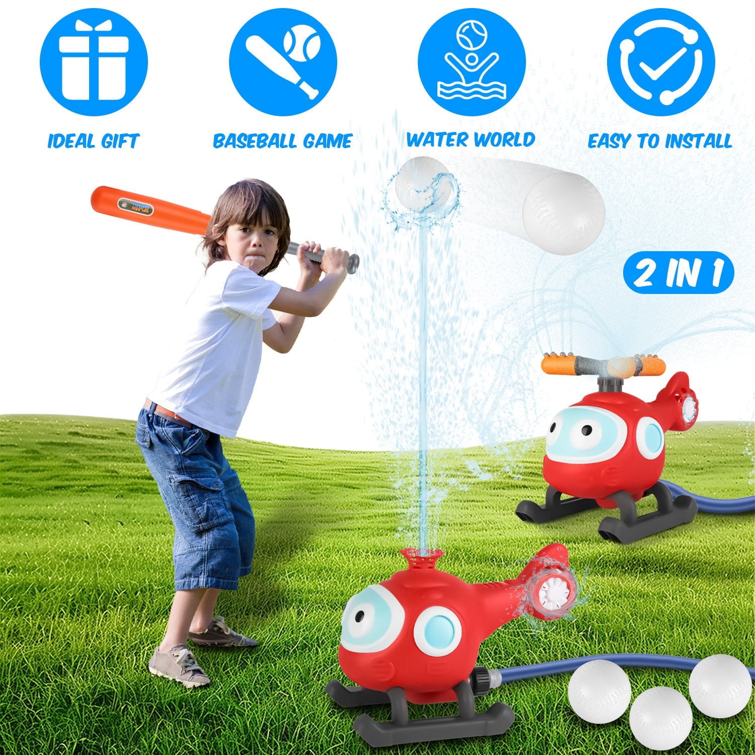 Moclever 2 in 1 Water Sprinkler Baseball Toy for Kids, 360° Rotating ...