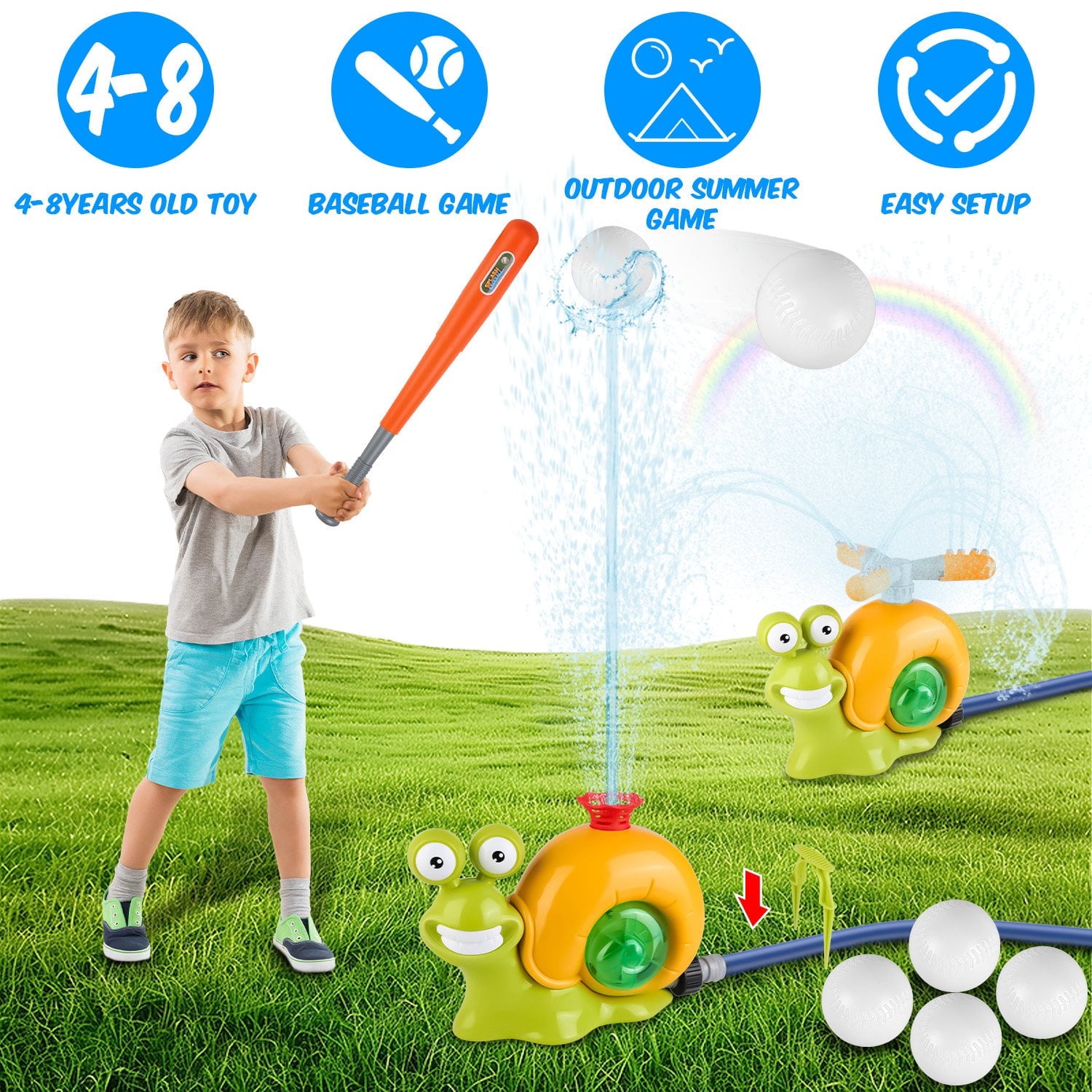 Moclever 2 in 1 Water Sprinkler Baseball Toy, 2 Sprinkler Nozzles 360 ...