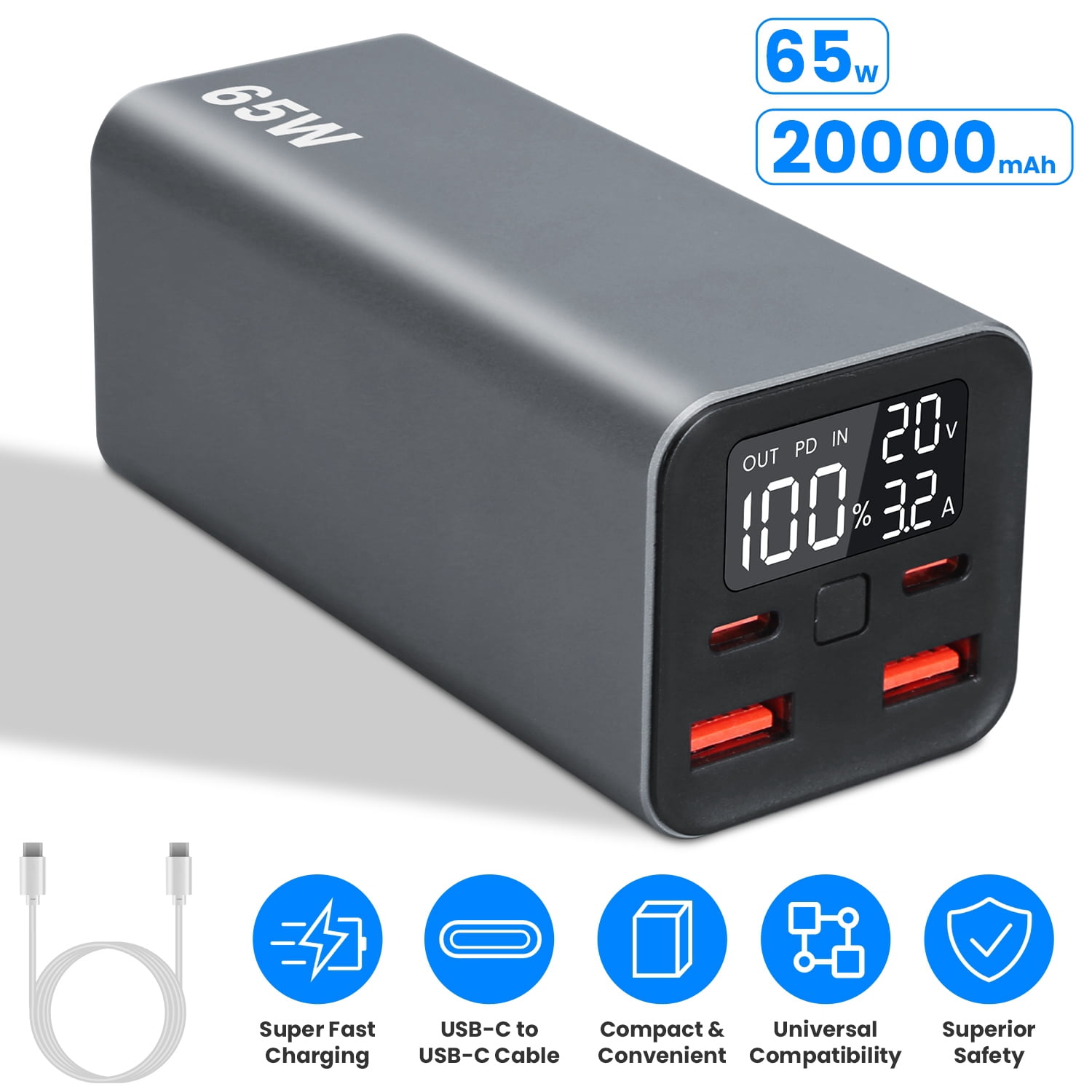 Moclever 20000mAh Fast Charging Power Bank, 65W Portable Phone Charger ...