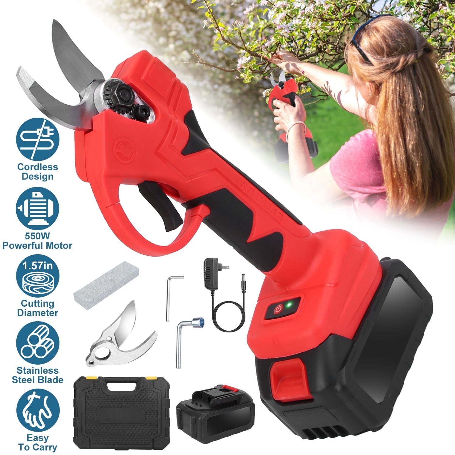 Moclever 21V Cordless Electric Pruning Shears 1.57in Tree Branch Cutter ...