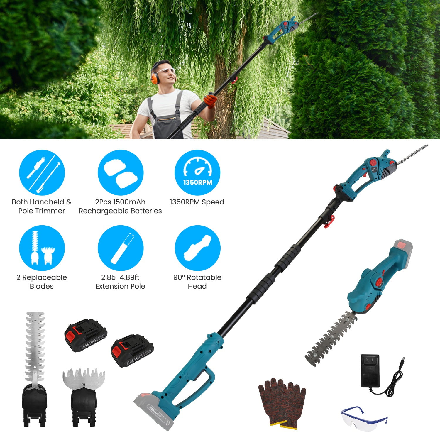 Moclever 21V Electric Hedge Trimmer with Pole, Mini Hedge Trimmer ...