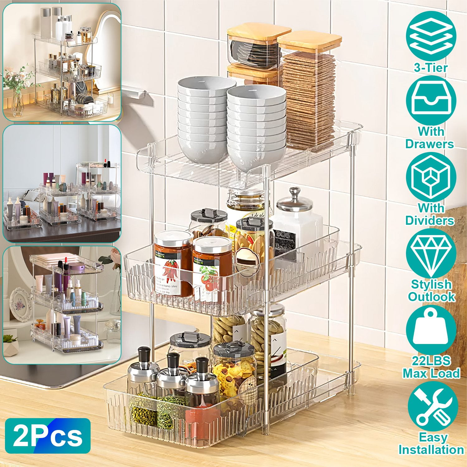 Moclever 2Pcs Clear Bathroom Organizer, 3 Tier Pull Out Cosmetic ...