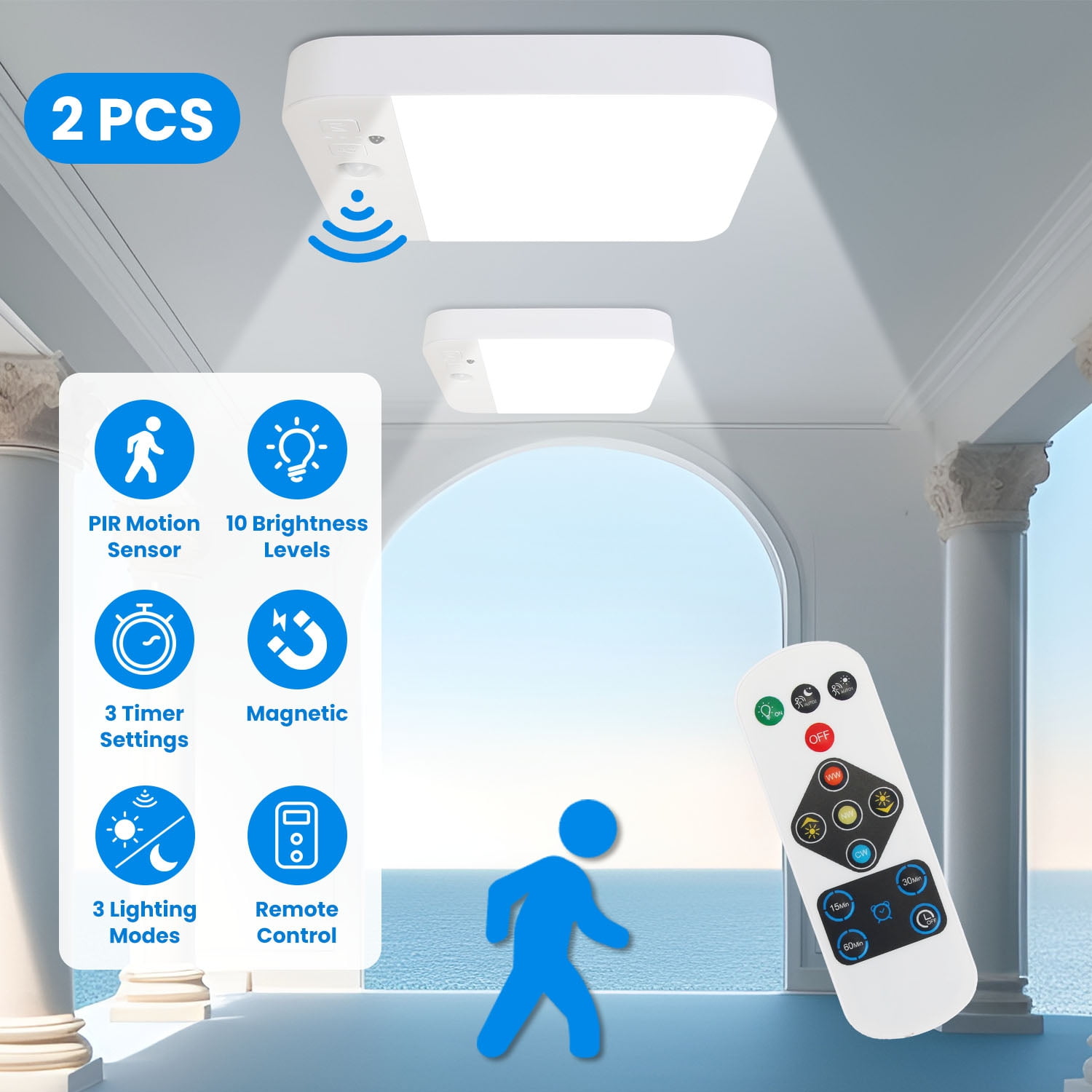 Moclever 2Pcs Rechargeable Wireless Ceiling Light, Motion Sensor LED ...