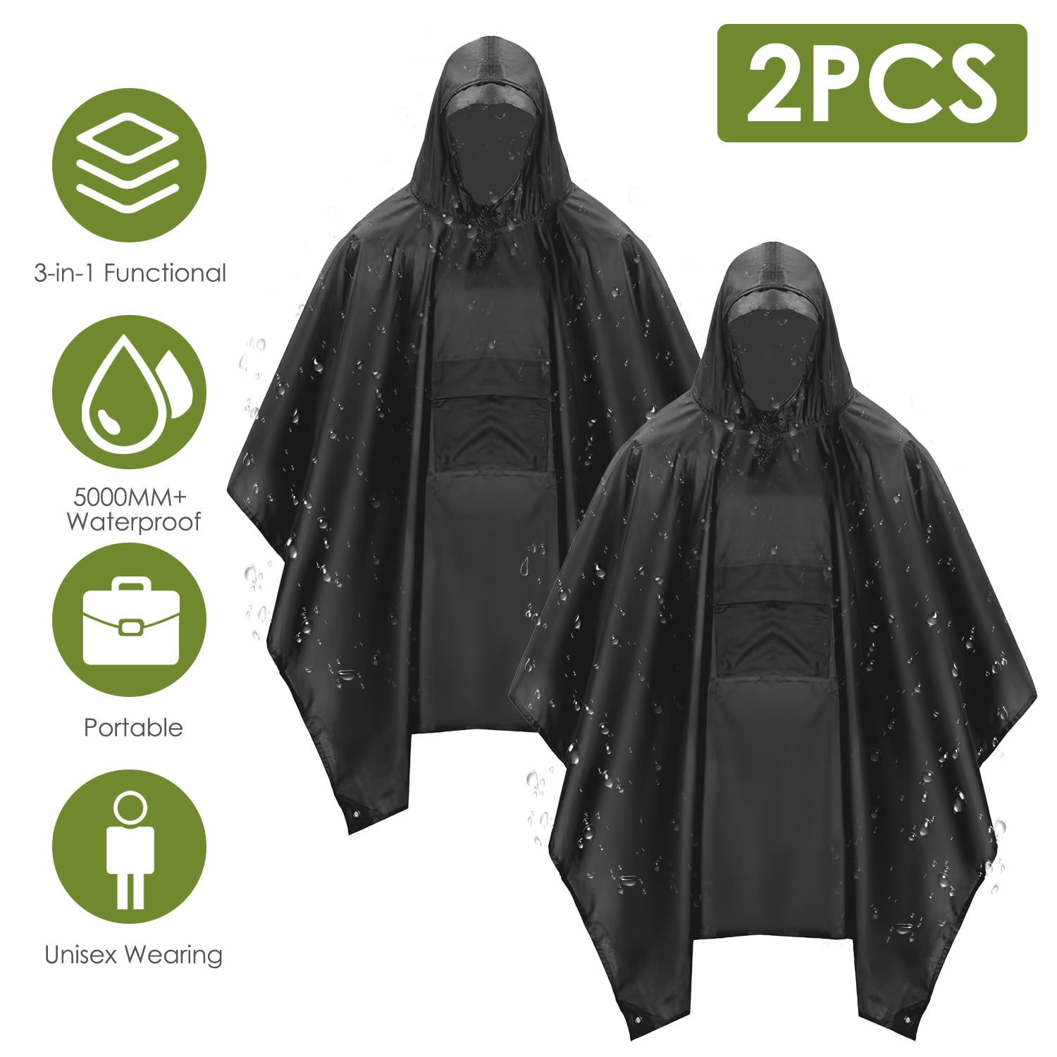 Moclever 2Pcs Unisex Hooded Rain Poncho, 3 in 1 Waterproof Poncho ...
