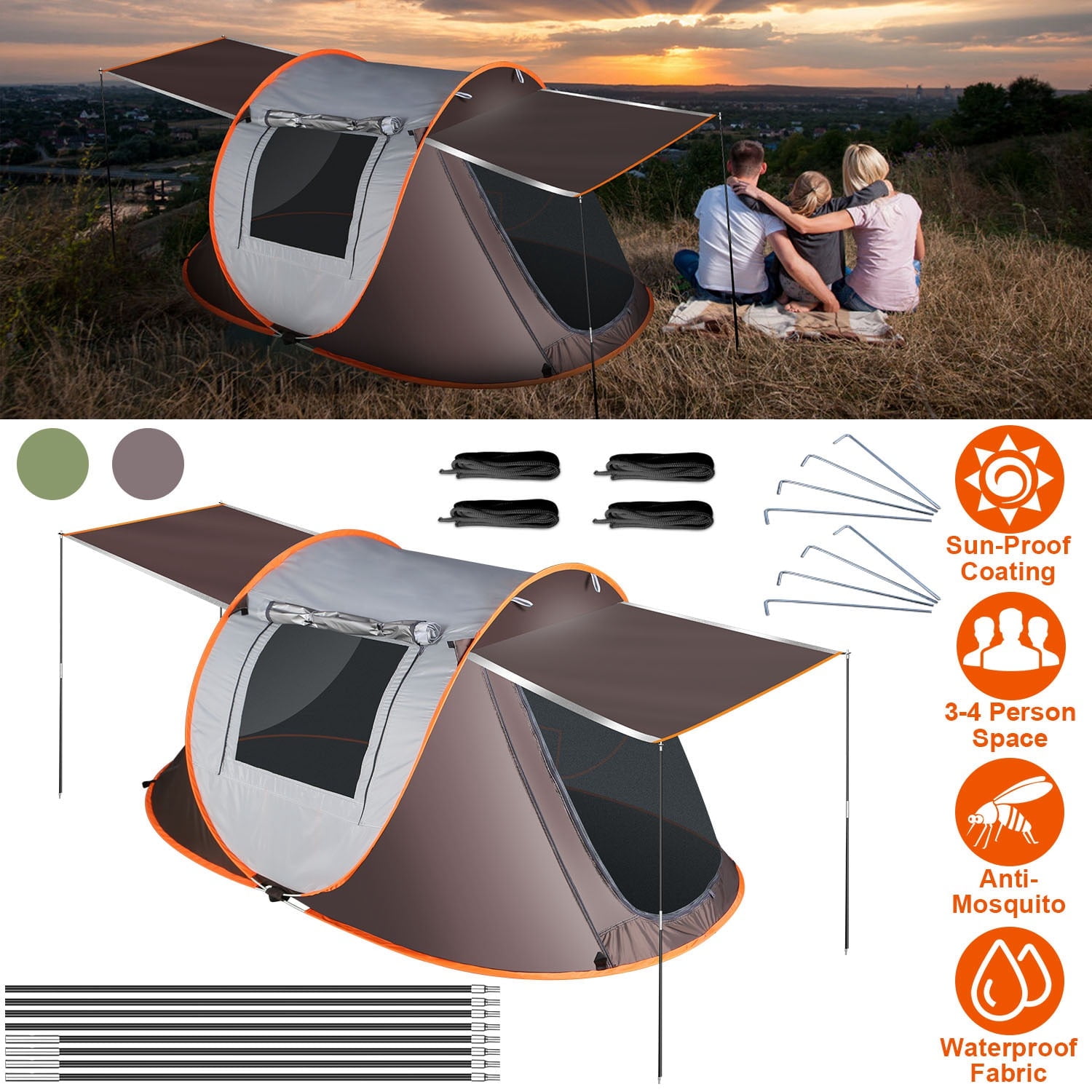 Moclever 3-4 Person Pop up Tent Foldable Camping Tent Waterproof Tent with 4 Tent Poles 2 ...