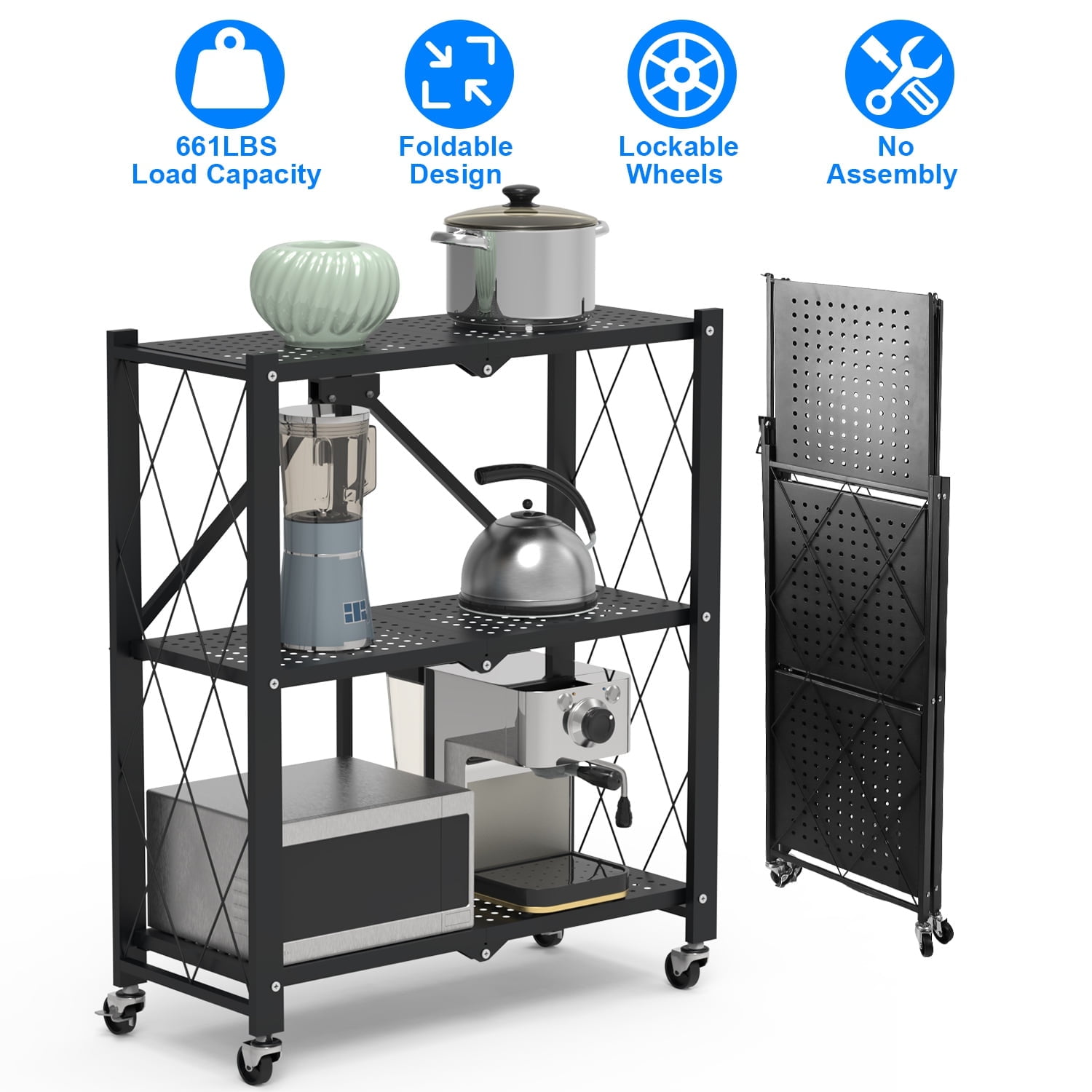 Moclever 3 Tier Storage Shelf with Wheels, Heavy Duty Rolling Metal ...