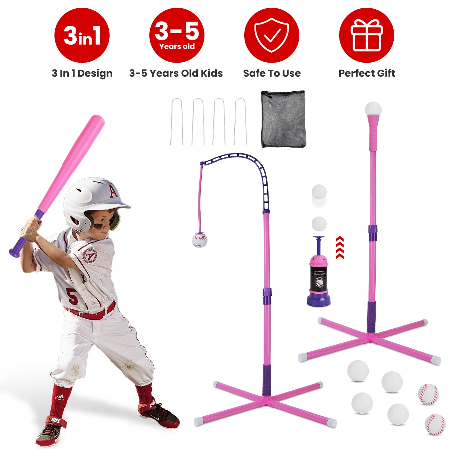 Moclever 3 in 1 Baseball Toy Set, Tee Ball Stand Hanging Tee Automatic ...