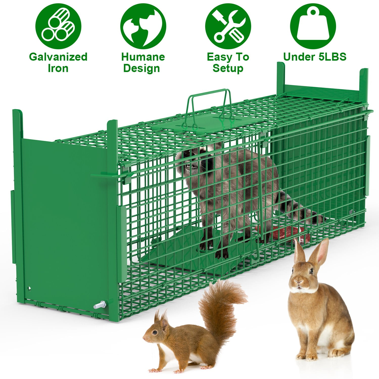 Moclever 38in Live Animal Cage Trap, 2 Door Humane Galvanized Iron Trap ...