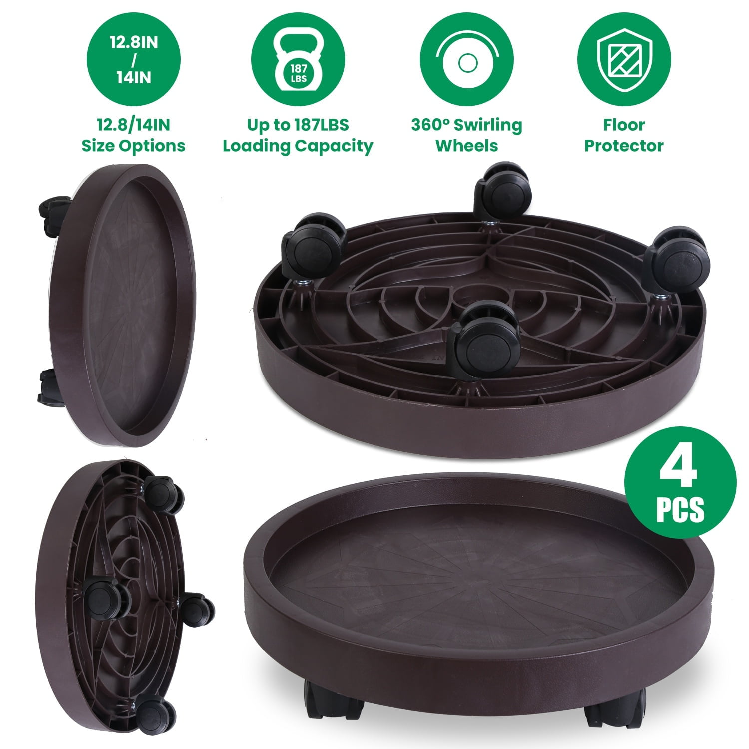 Moclever 4Pack 12.8x3.54in Plant Stand with Wheels, Plastic Rolling ...