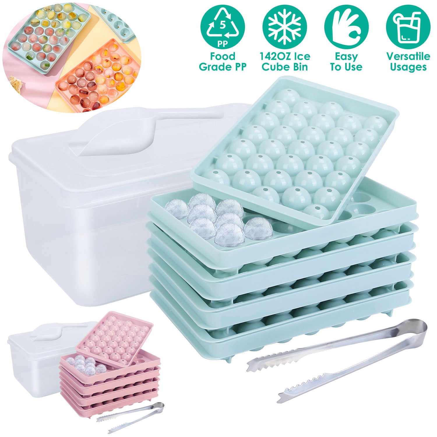 Moclever 4Pcs Ice Cube Tray, Plastic Circle Ice Cube Mold with Lid for ...