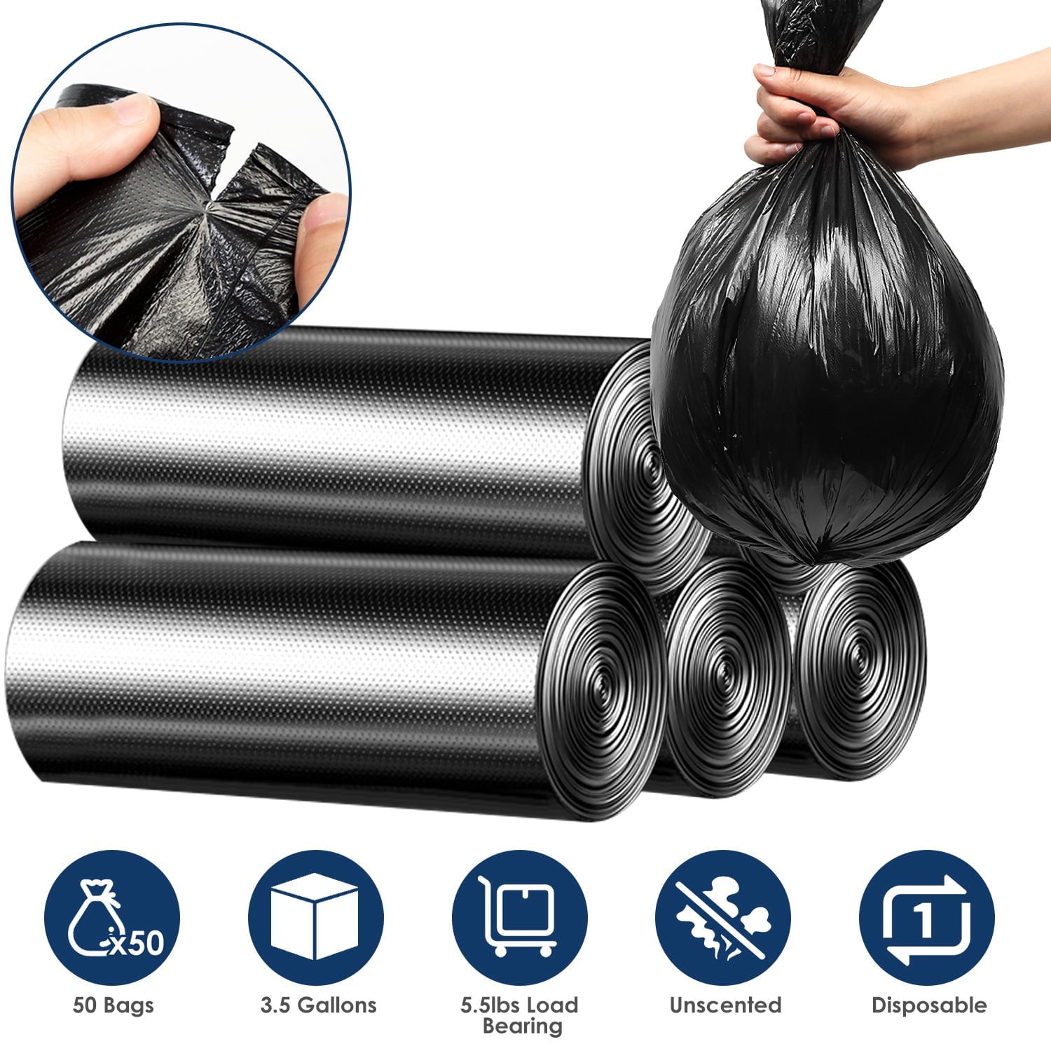 Moclever 5 Rolls Overall 50 Count Black Garbage Bags for Portable ...
