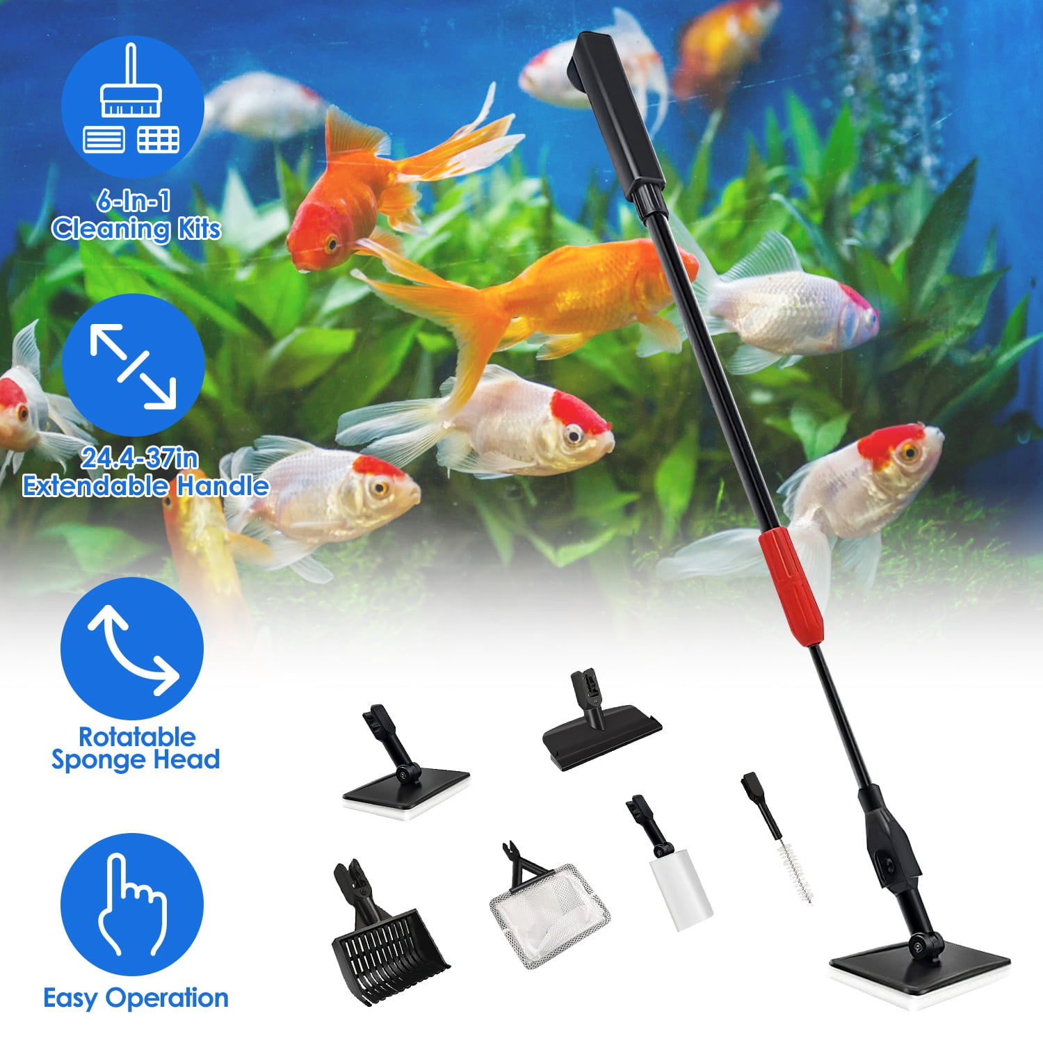 Moclever 6 in 1 Aquarium Cleaning Tools, 24.4-37in Extended Handle ...