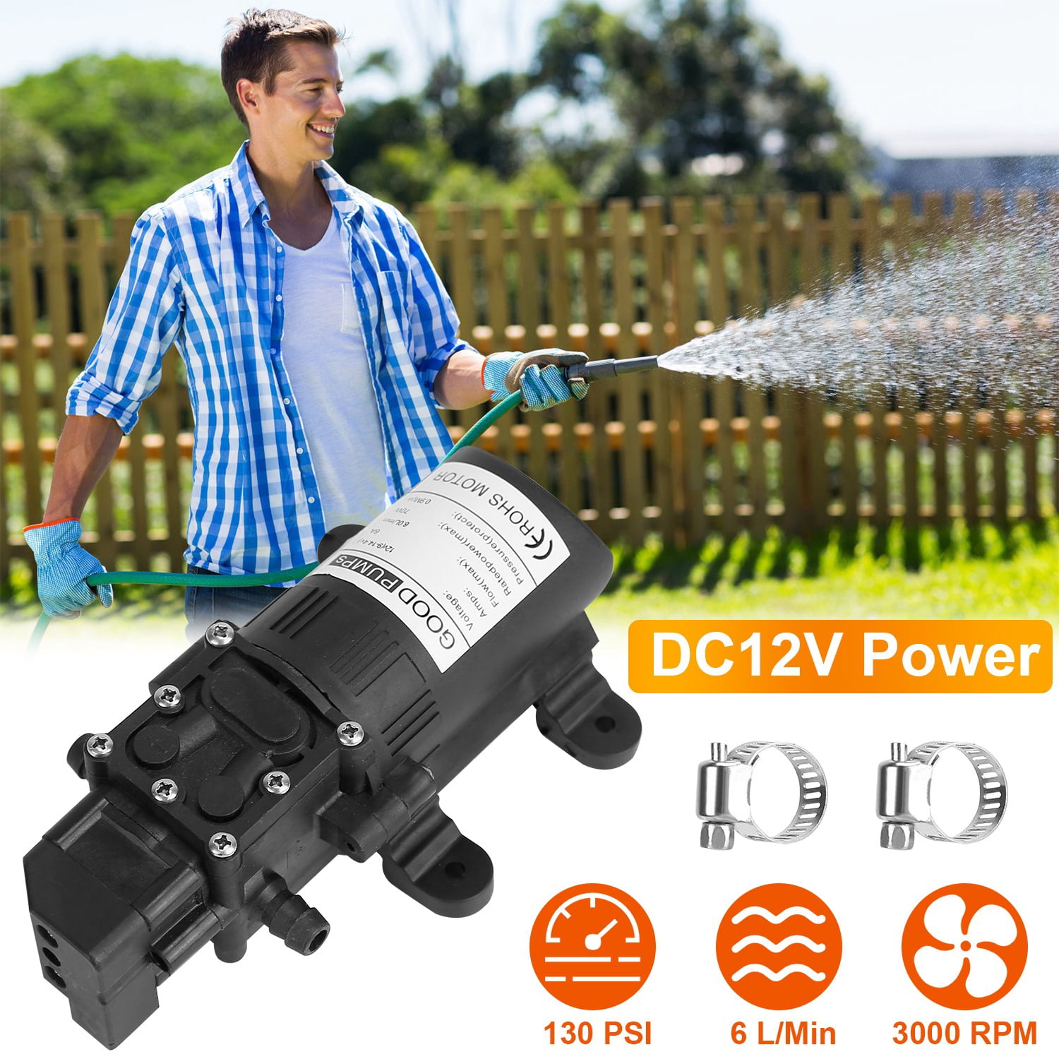 Moclever 70W 12V Electric Diaphragm Water Pump, 130PSI Self Priming ...