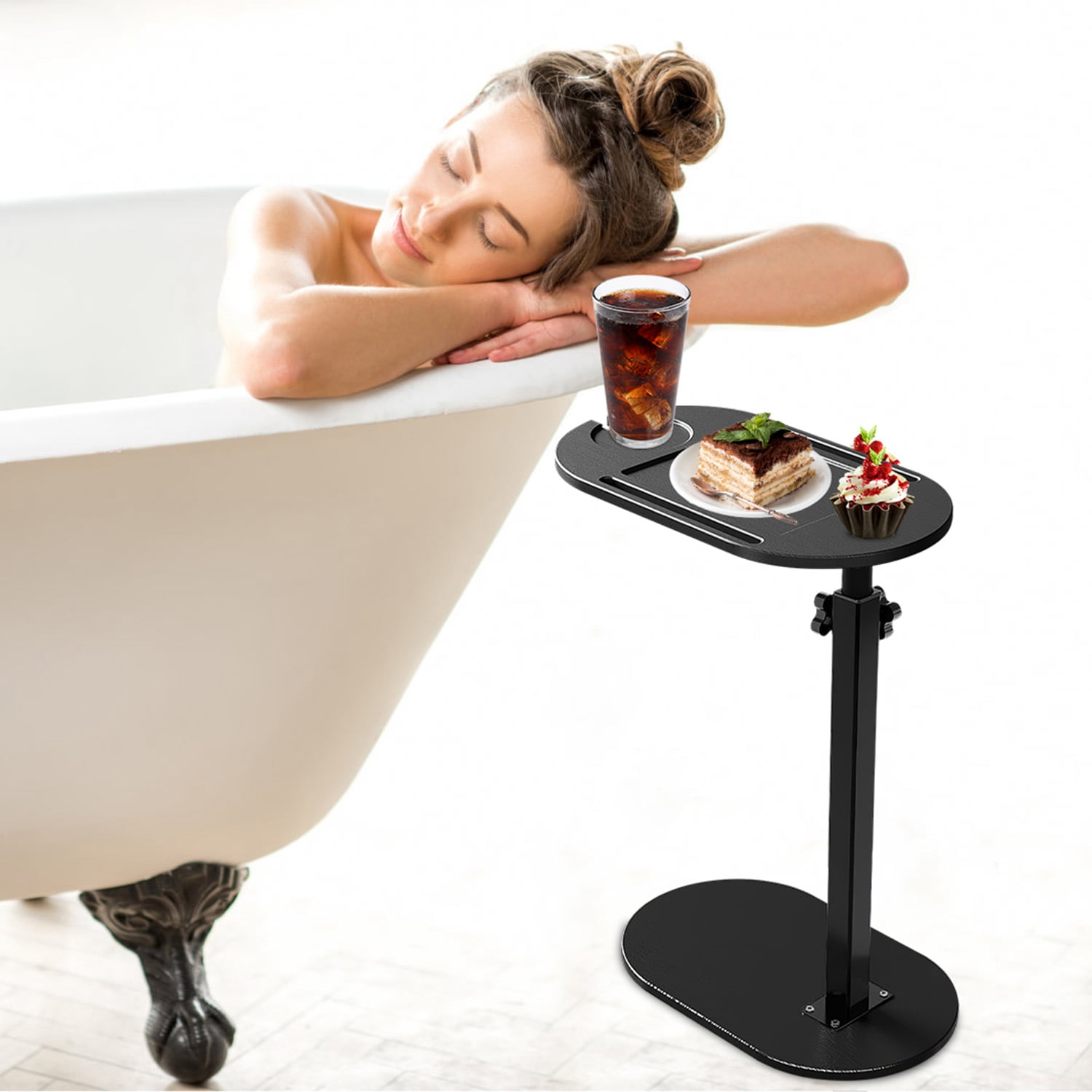 Moclever Bathtub Tray Table, 360° Rotatable Bamboo C Shaped Side Table with Adjustable Height ...