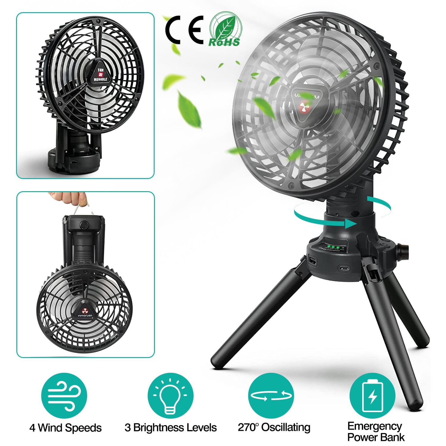 Moclever Camping Fan with LED Light, 270° Oscillating Rechargeable Tent ...
