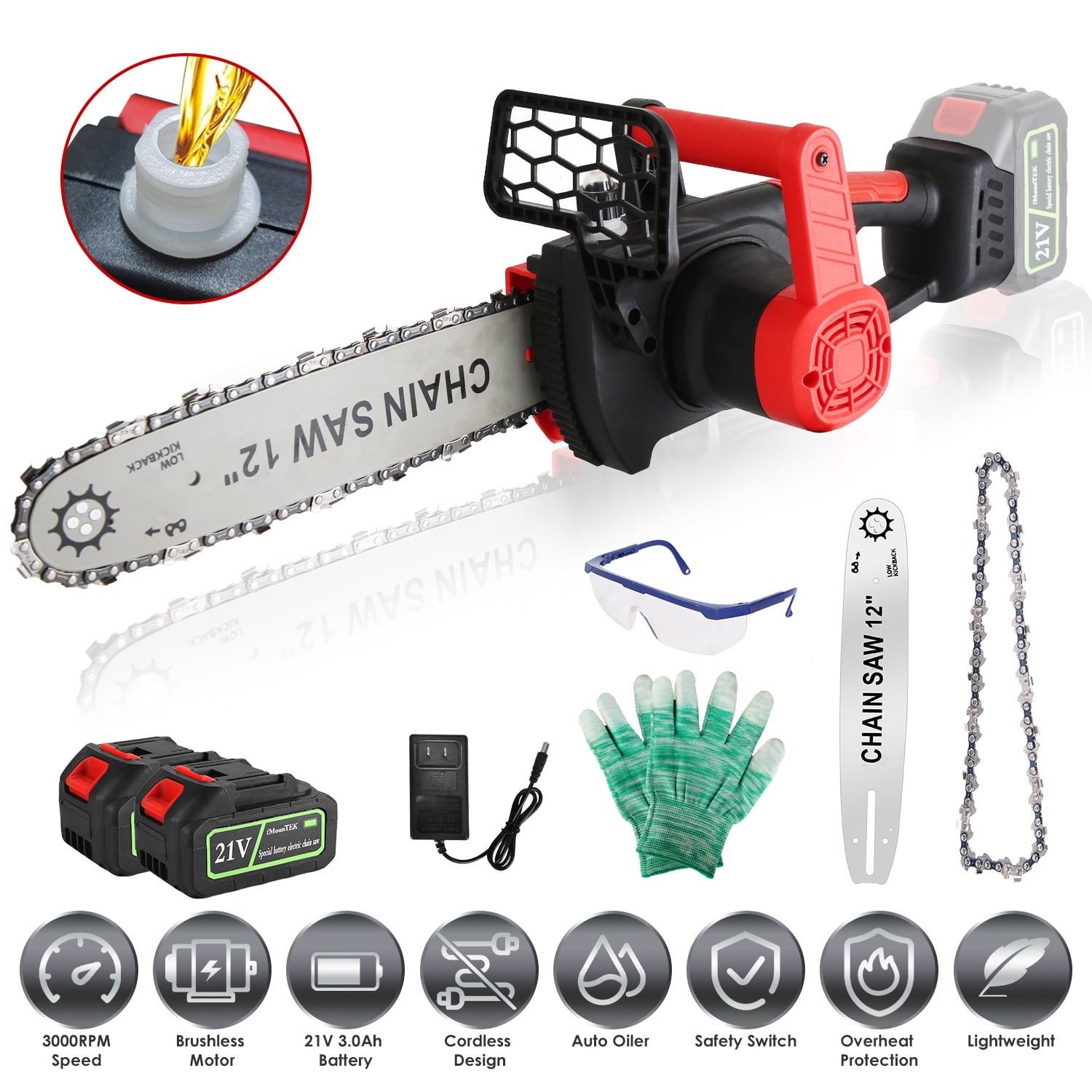 Moclever Cordless Electric Chainsaw, 12 Inch Brushless Handheld ...