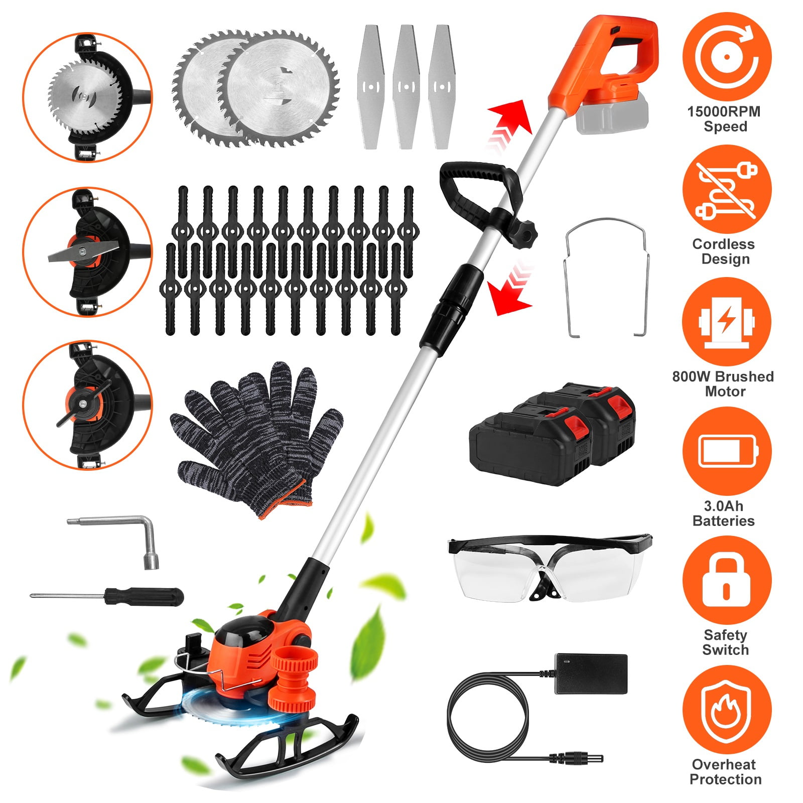 Moclever Cordless Grass Trimmer with Wheels, 2Pcs 21V 3.0Ah Batteries ...