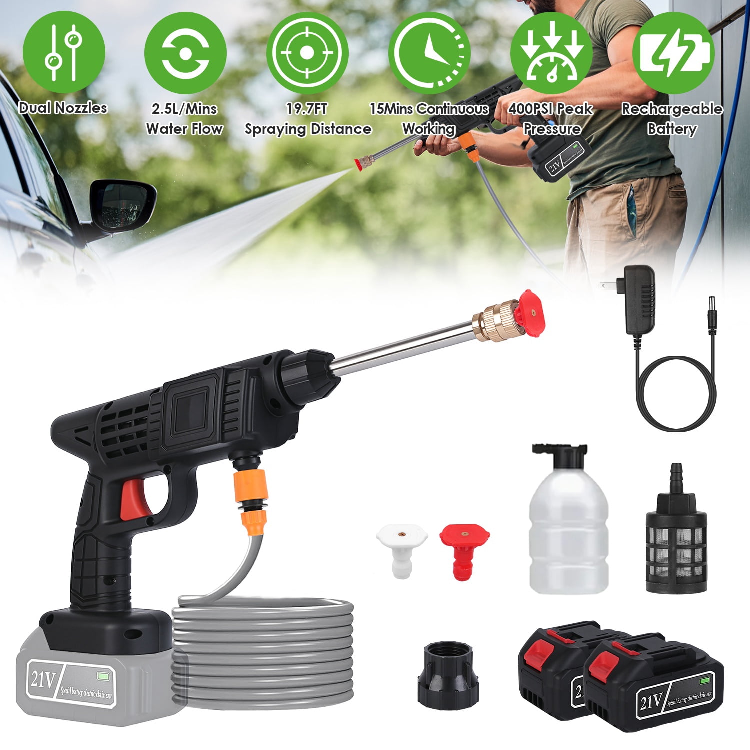 Moclever Cordless Pressure Washer High Pressure Water Sprayer 400PSI ...