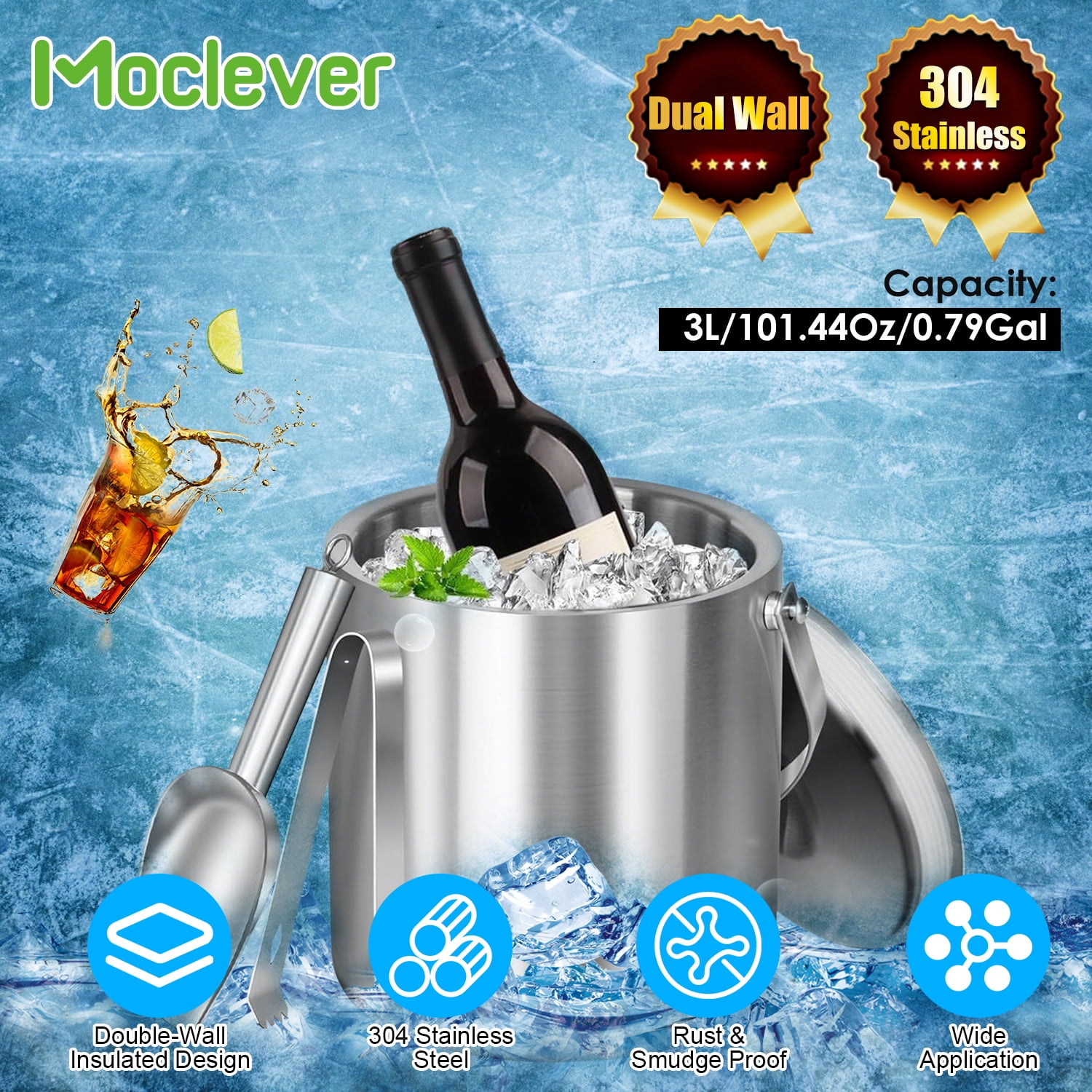 Moclever Double-Wall Insulated Ice Bucket, 3L Stainless Steel Ice ...