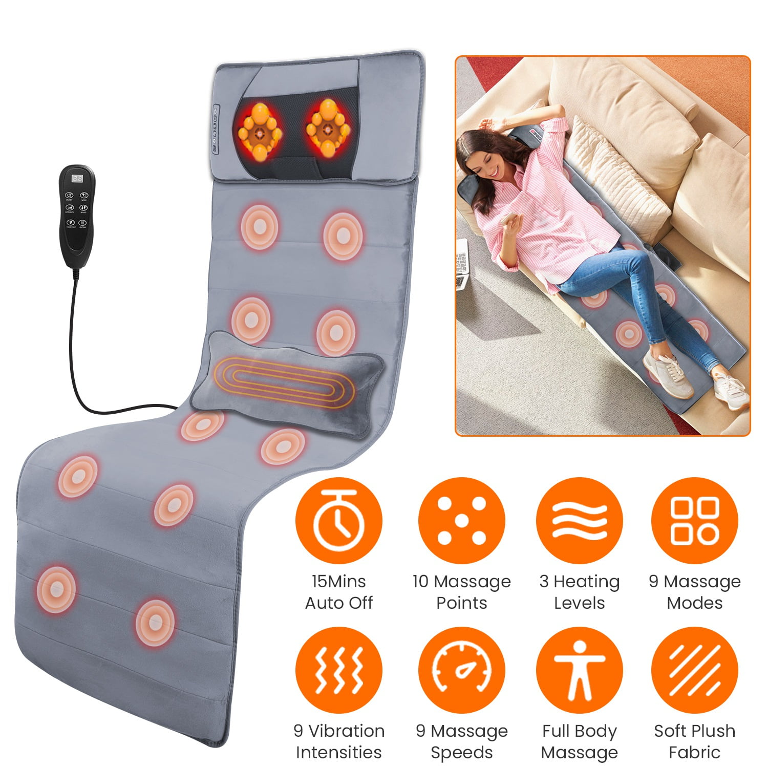 Moclever Electric Full Body Massage Mat with Heat, 10 Vibration Motors ...