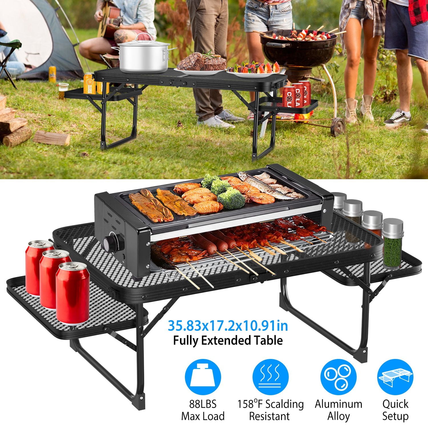 Moclever Folding Camping Table with Trays, Aluminum Alloy Portable BBQ ...