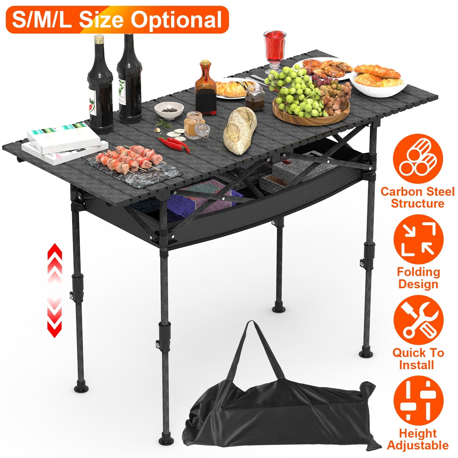Moclever Folding Camping Table with Adjustable Height, Carbon Steel ...
