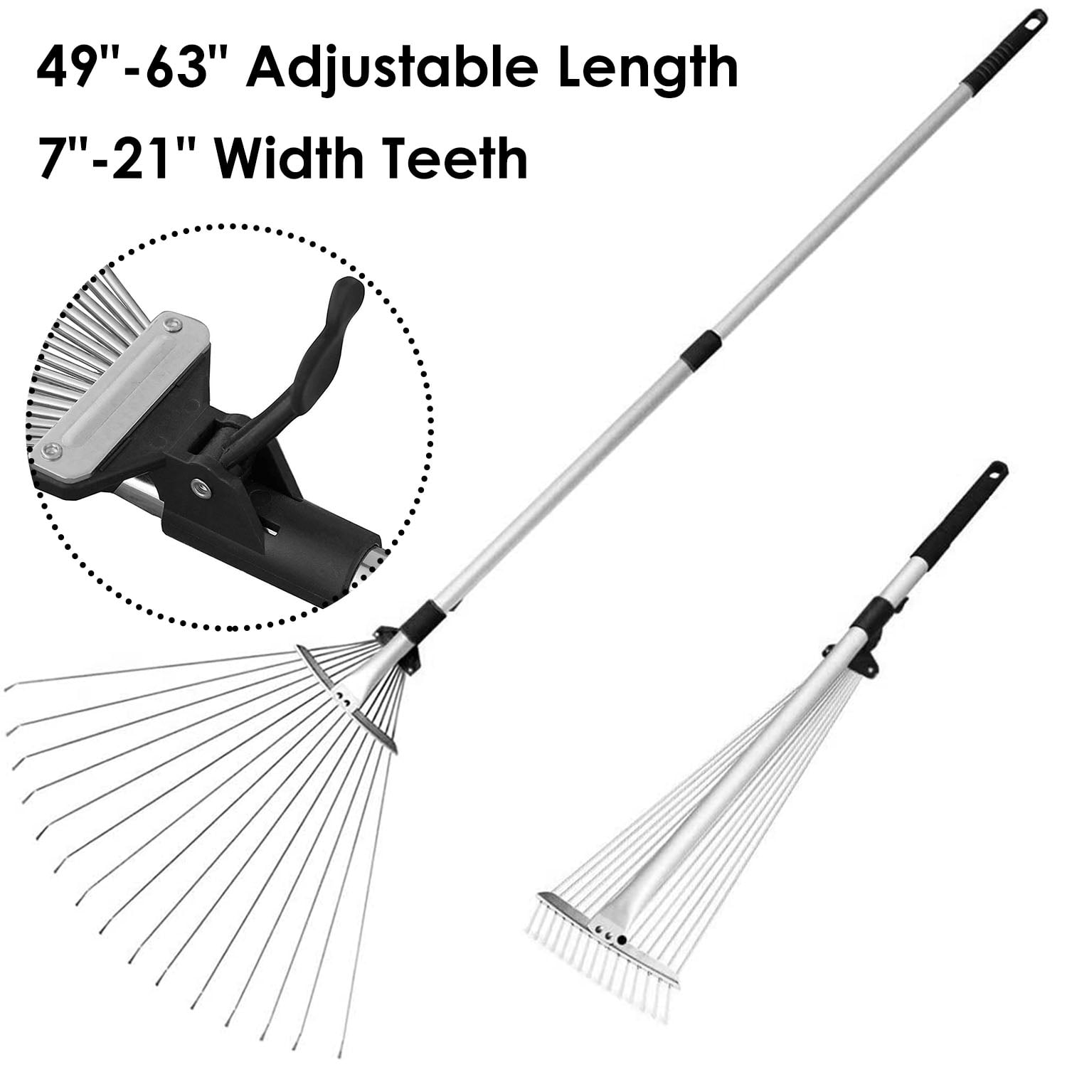 Moclever Garden Leaf Rake, 63in Adjustable 15 Teeth Expanding Stainless ...