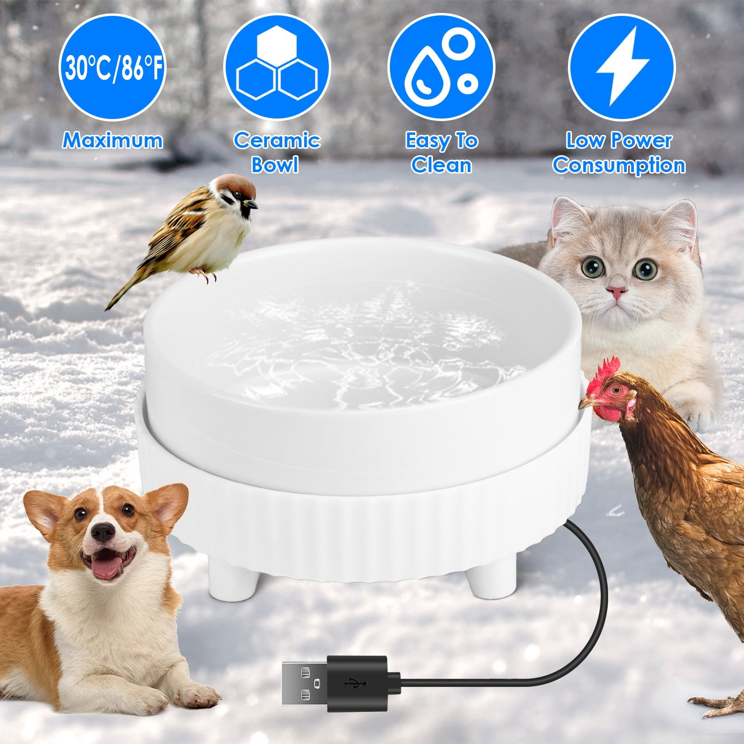 Moclever Heated Water Bowl for Dogs Cats, USB Powered Ceramic Heated ...