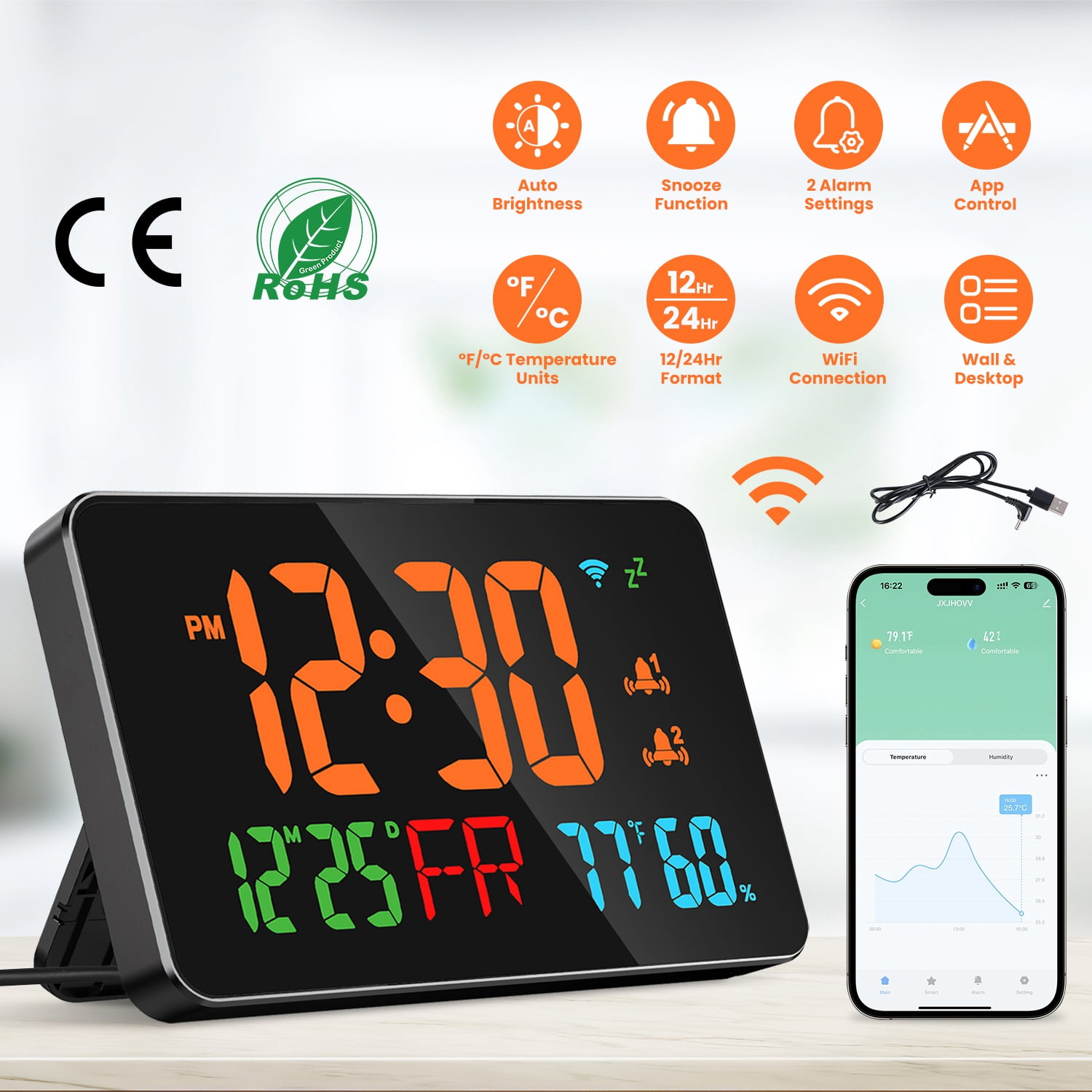 Moclever LED Digital Wall Clock, WiFi Auto Set Digital Alarm Clock with ...