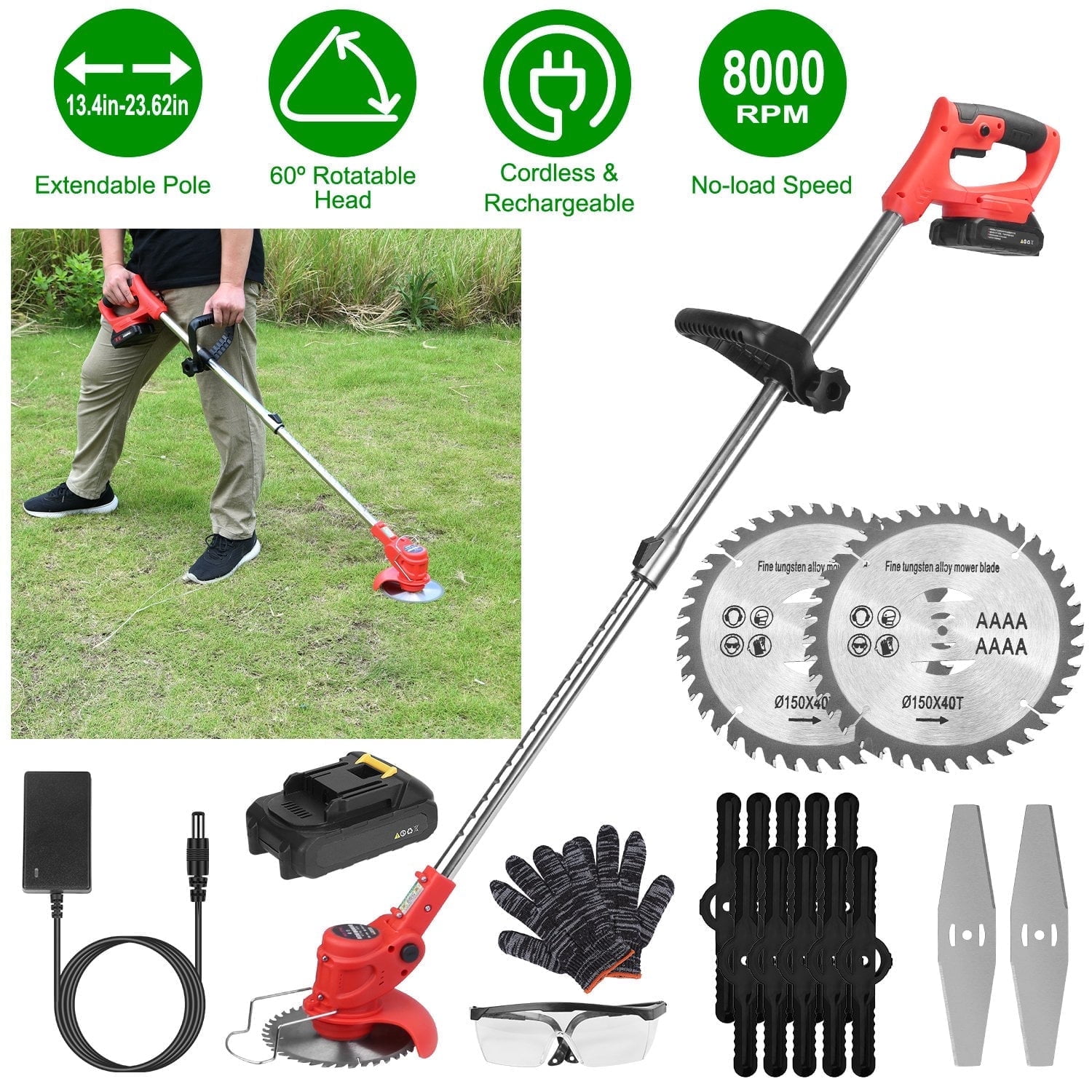 Moclever Lawn Mower 21V Electric Cordless Grass Trimmer 37-50.4in ...