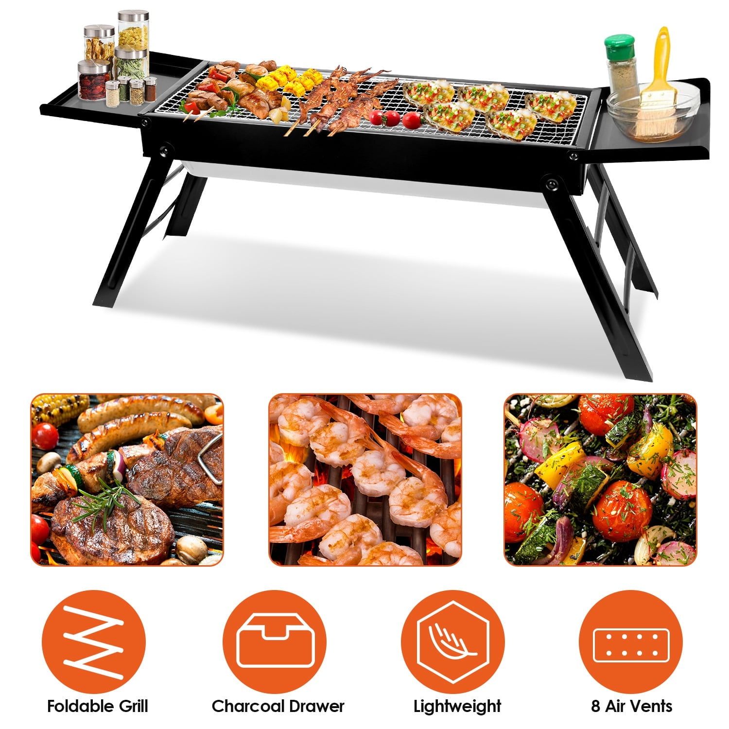 Moclever Portable BBQ Grill with Shelf, 34x9x12in Foldable Charcoal BBQ ...