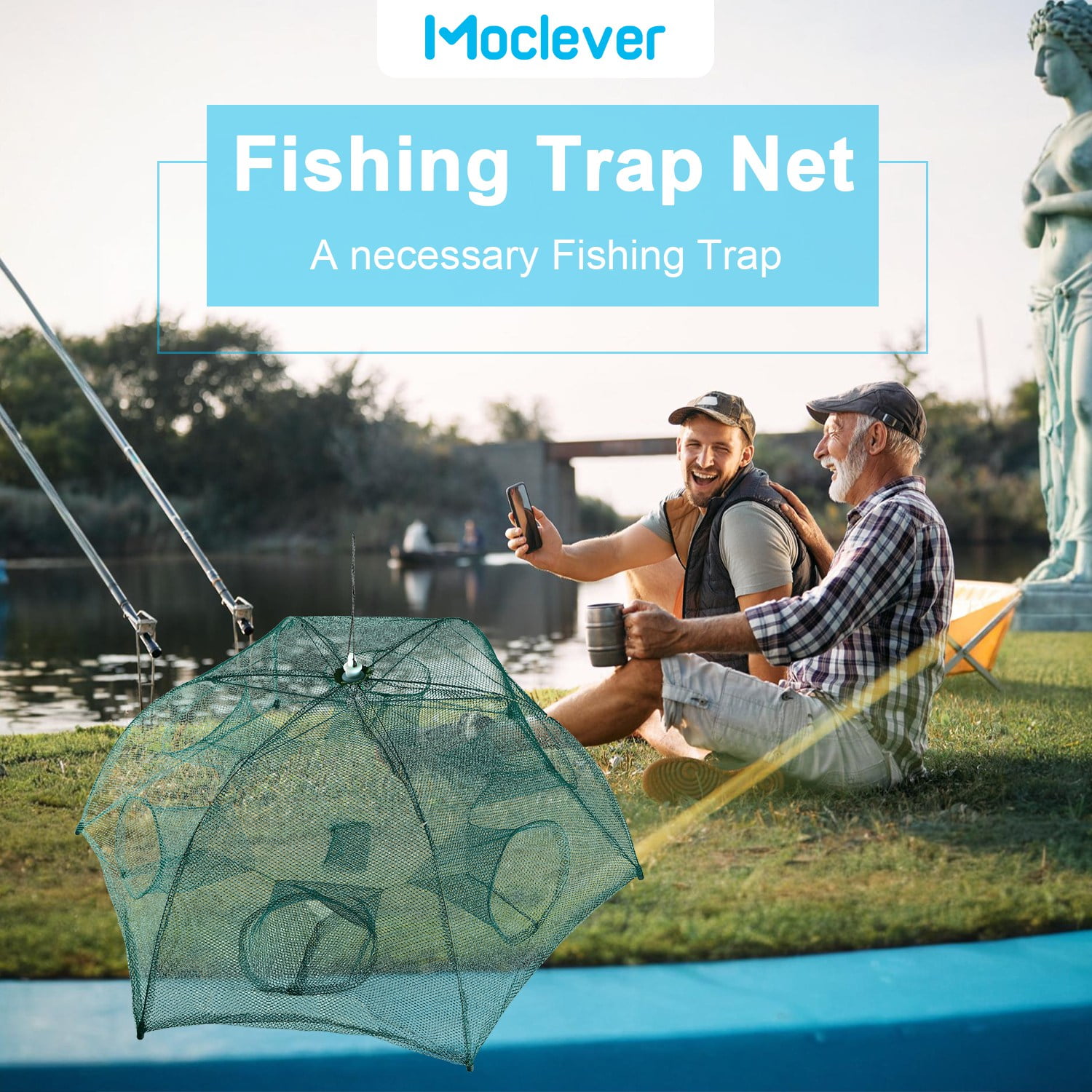 Moclever Portable Fishing Trap Net, 6 Sides 6 Holes Folded Nylon Bait ...