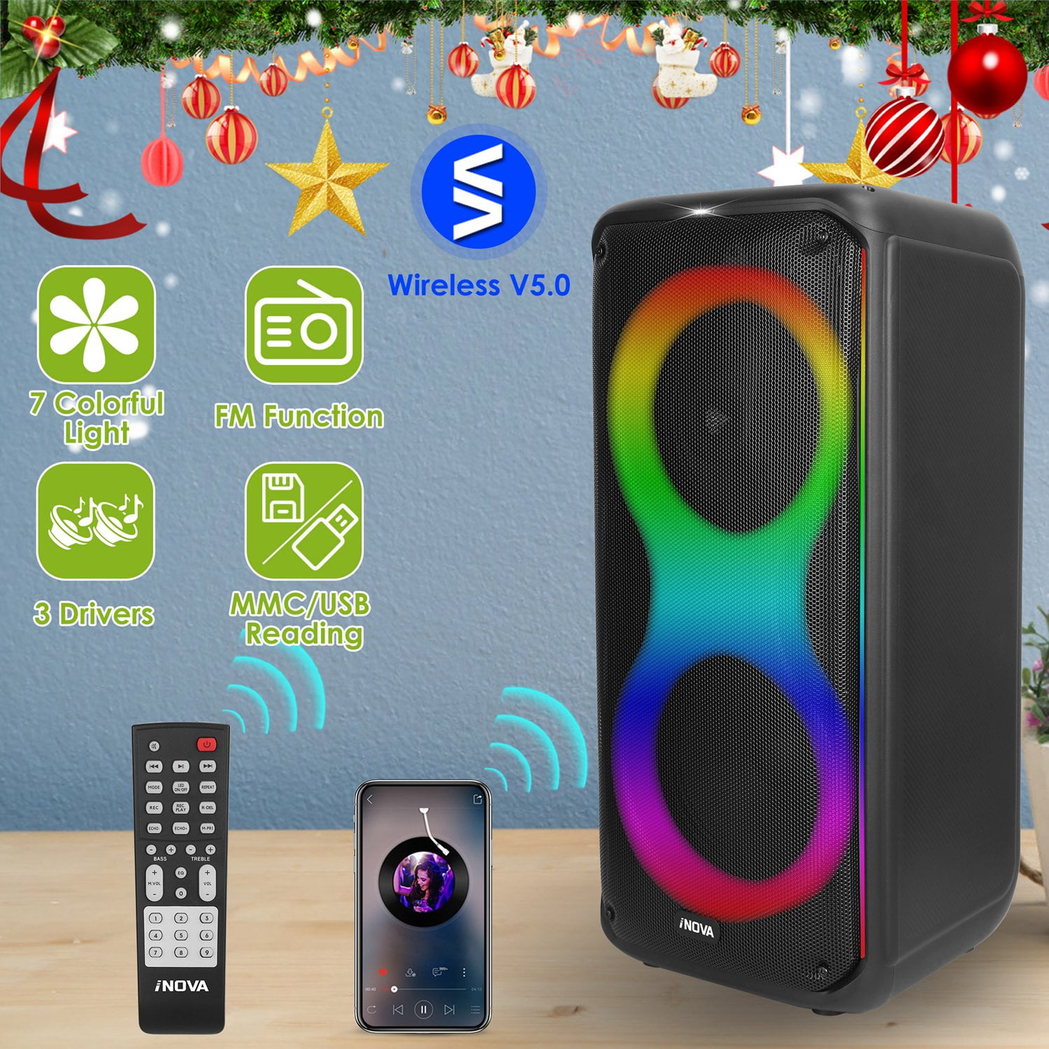 Moclever Portable Wireless Party Speaker with TWS Function FM Radio USB ...