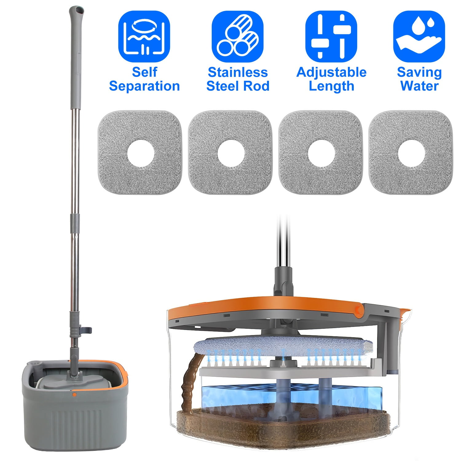 Moclever Spin Mop and Bucket System, Dual Compartment Mop Bucket 4Pcs ...