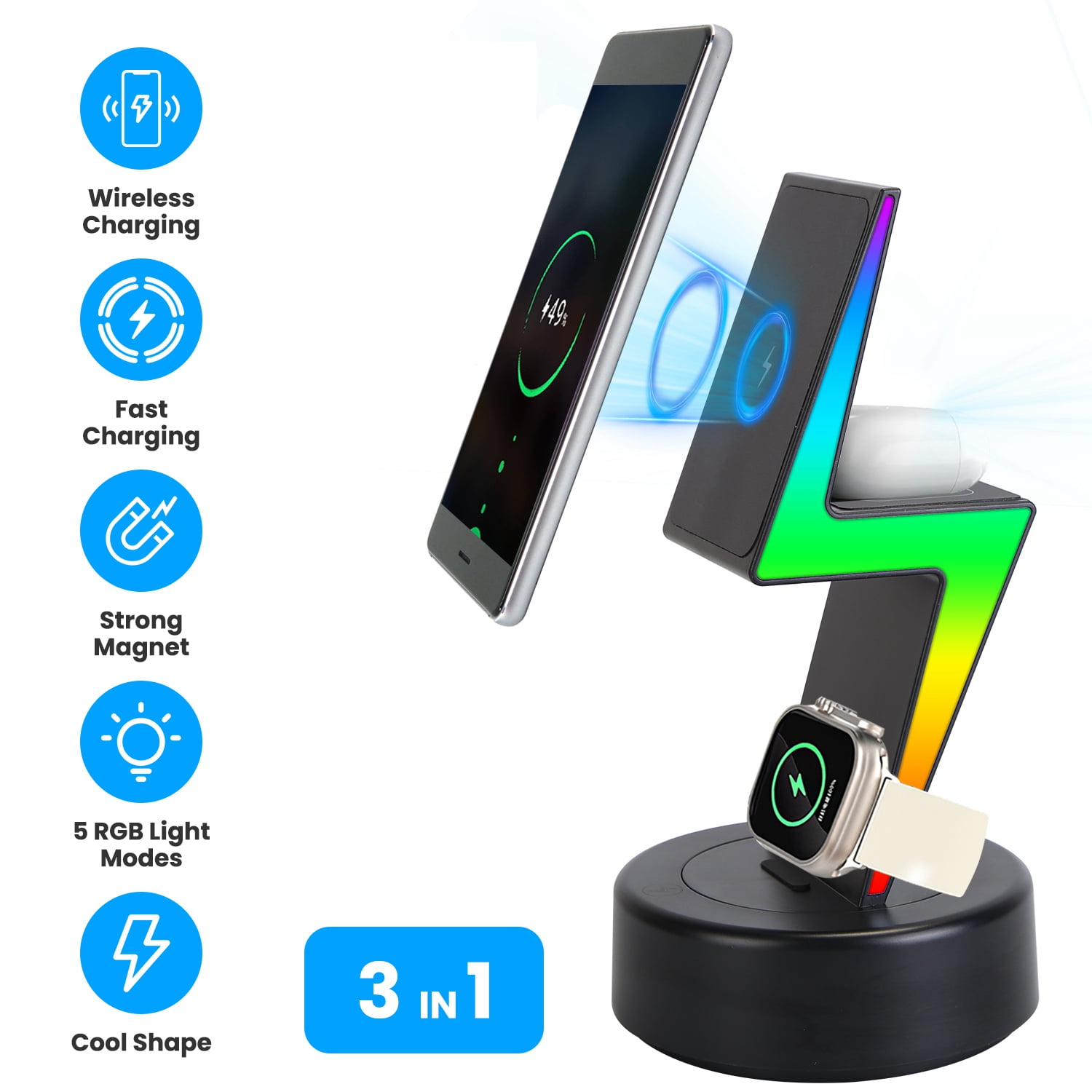 Moclever Wireless Charging Stand, 3 in 1 Magsafe Charger with 5 RGB ...