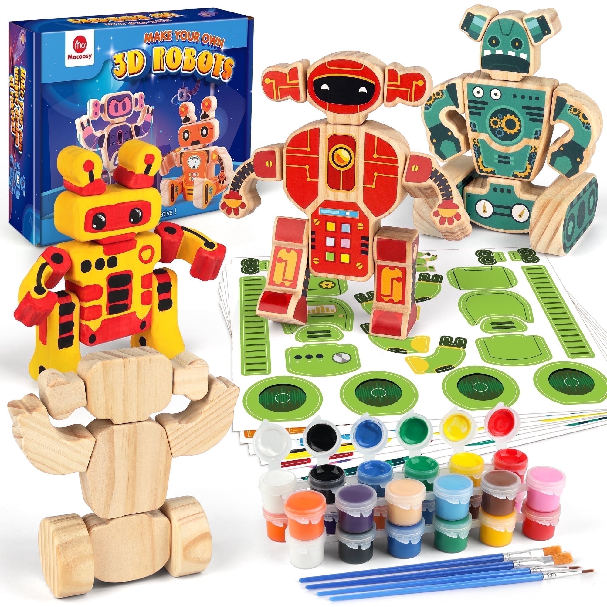 Mocoosy Wooden Robot Toys Kit for Kids with Paint, Stickers, and ...