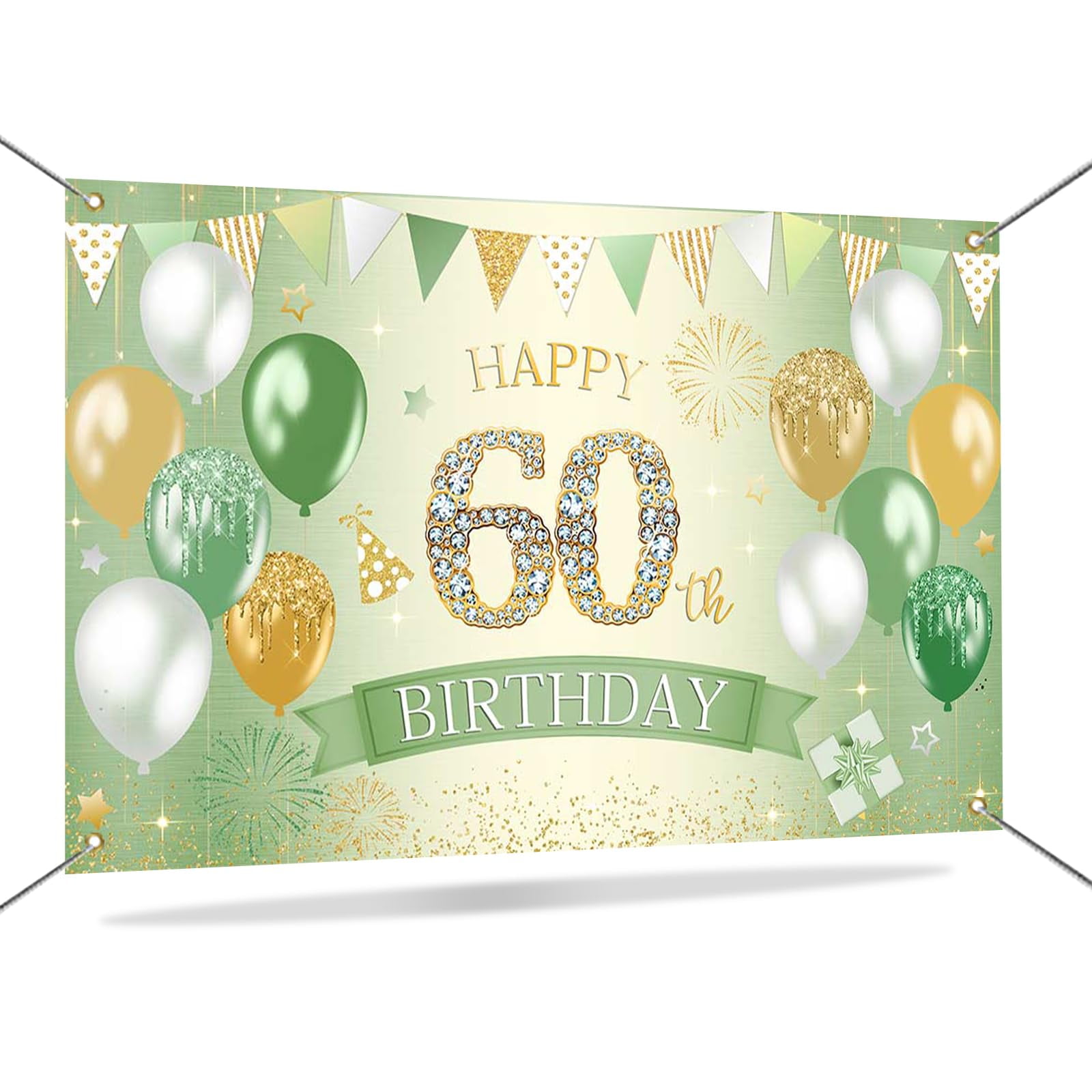 Mocsicka Happy 60th Birthday Banner Backdrop BSL1 Sage Green Gold 60th ...