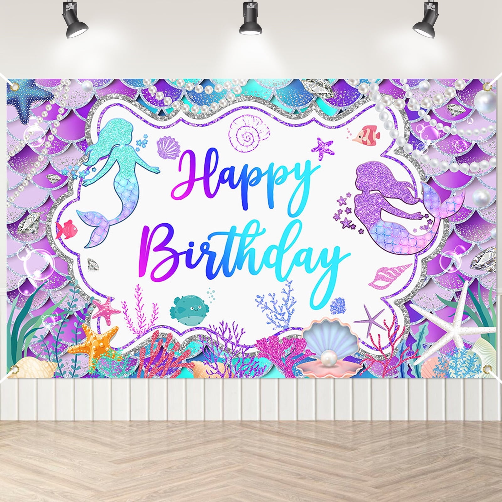 Mocsicka Mermaid Birthday Party Backdrop Purple Birthday Party Banner ...