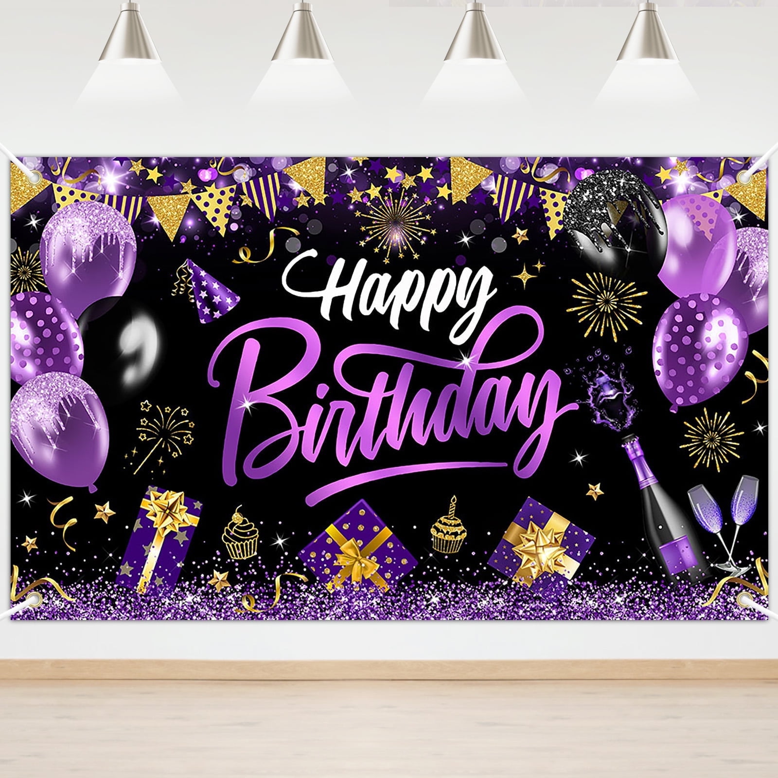 Mocsicka Purple Birthday Backdrop Glitter Happy Birthday Banner Party ...