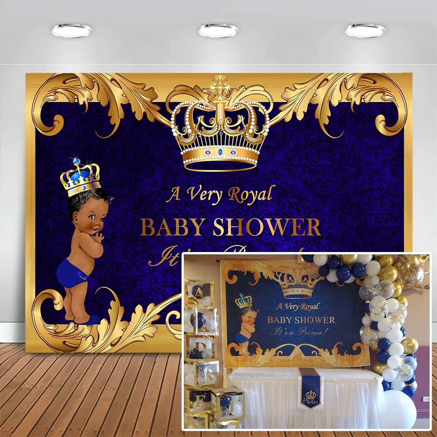 Mocsicka Royal Prince Baby Shower Backdrop Black Boy Gold Crown ...
